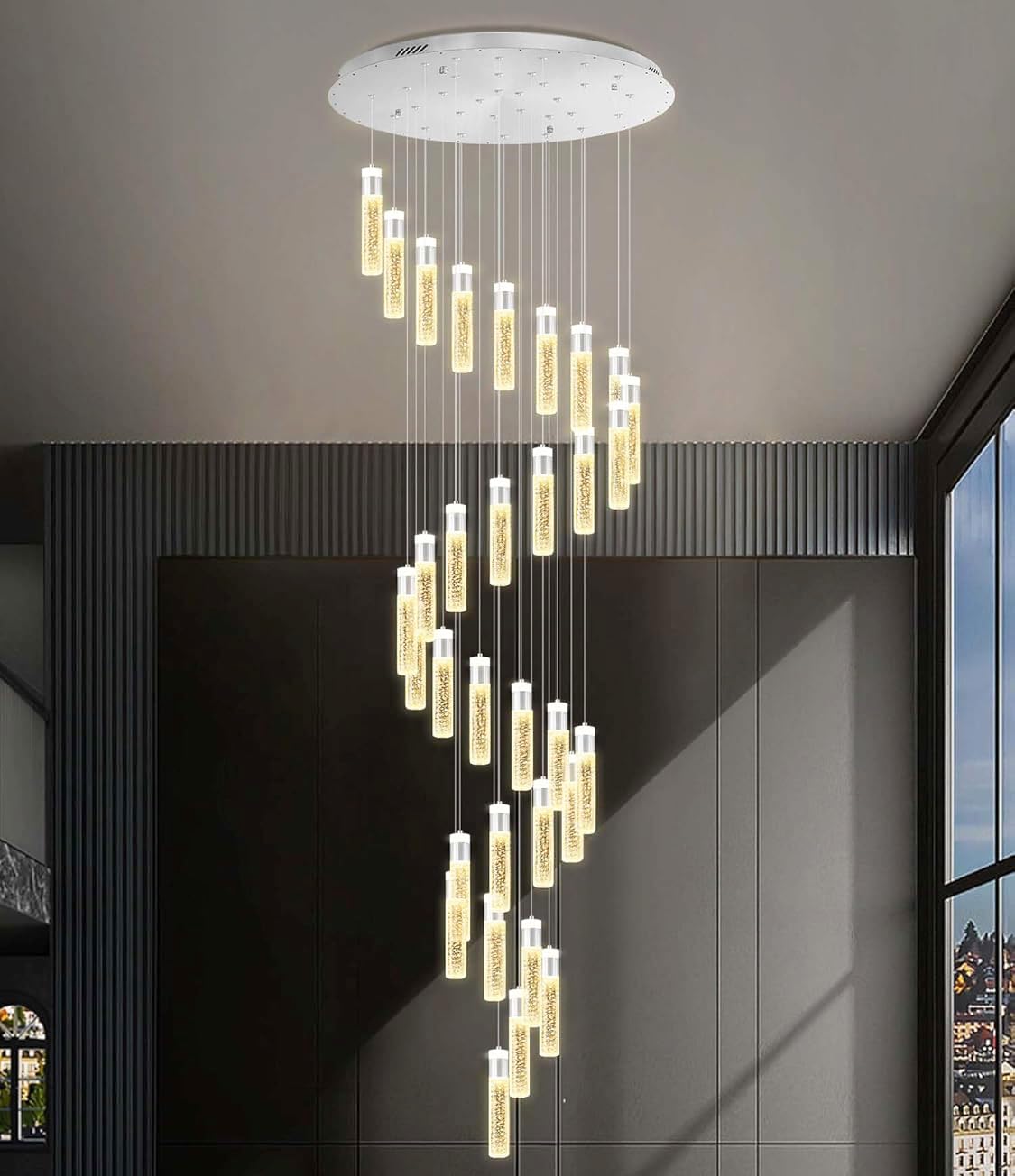 IDEQUY Large Crystal Chandeliers for High Ceilings 32-Lights Silver 150in Spiral Crystal Column Chandelier for Foyer Entryway LED Dimmable 3000K-6000K