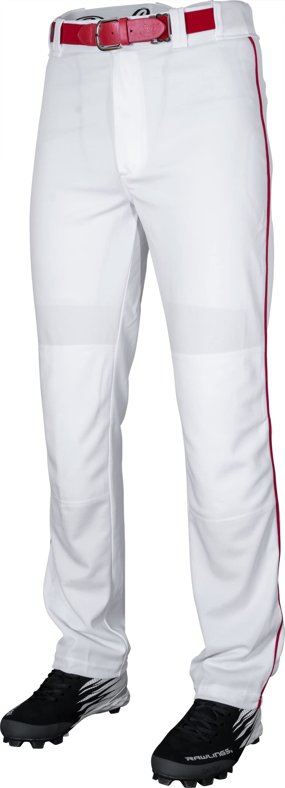Rawlings | Semi-Relaxed Full Length Baseball Pant | Piped | Adult Small | White/Scarlet