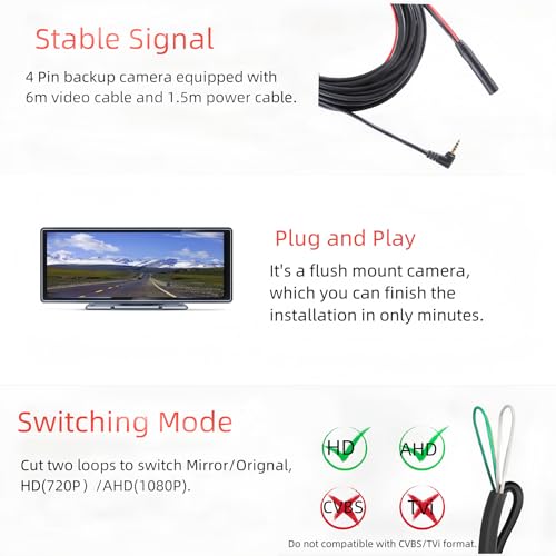 Epronic 4 Pin Backup Camera for Mirror Dash Cam and Carplay Screen Only Support AHD1080P and 720P, 4 Pin to 2.5mm Jack Vehicle Backup Camera Dash Cam Front/Rear View Camera 23 Ft Male Plug