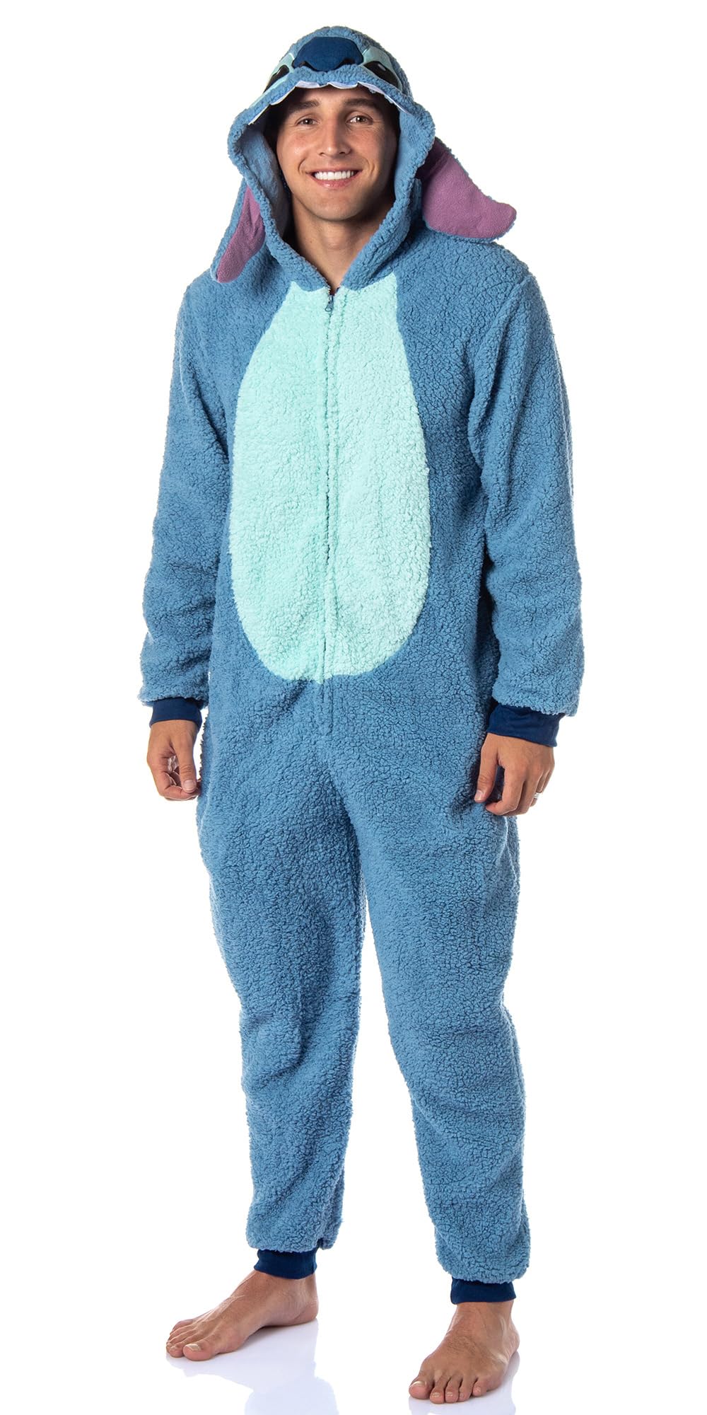 Disney Lilo And Stitch Adult Unisex Stitch Costume Sherpa Fleece One Piece Pajama Union Suit (Large) Blue