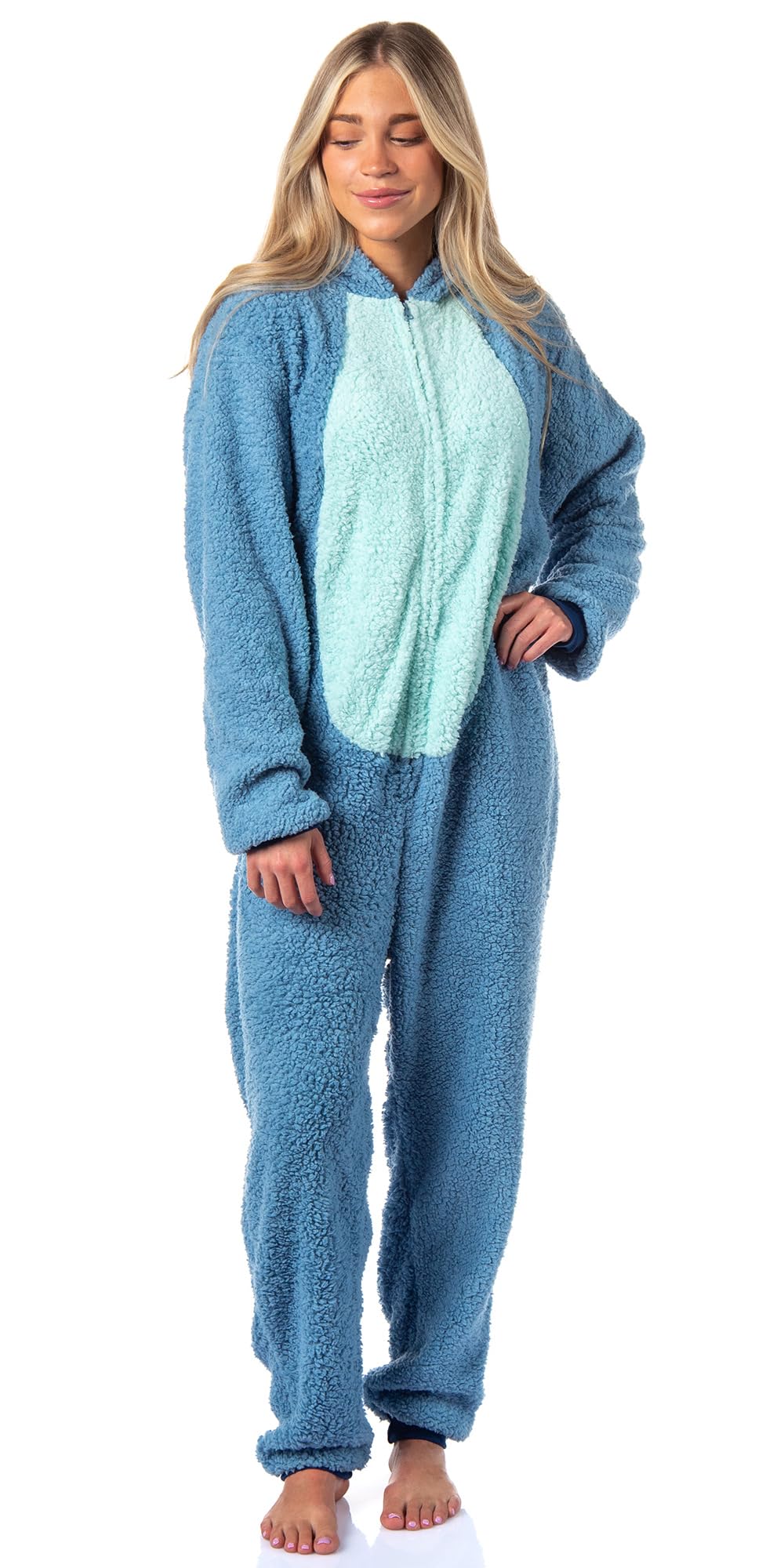 Disney Lilo And Stitch Adult Unisex Stitch Costume Sherpa Fleece One Piece Pajama Union Suit (Large) Blue