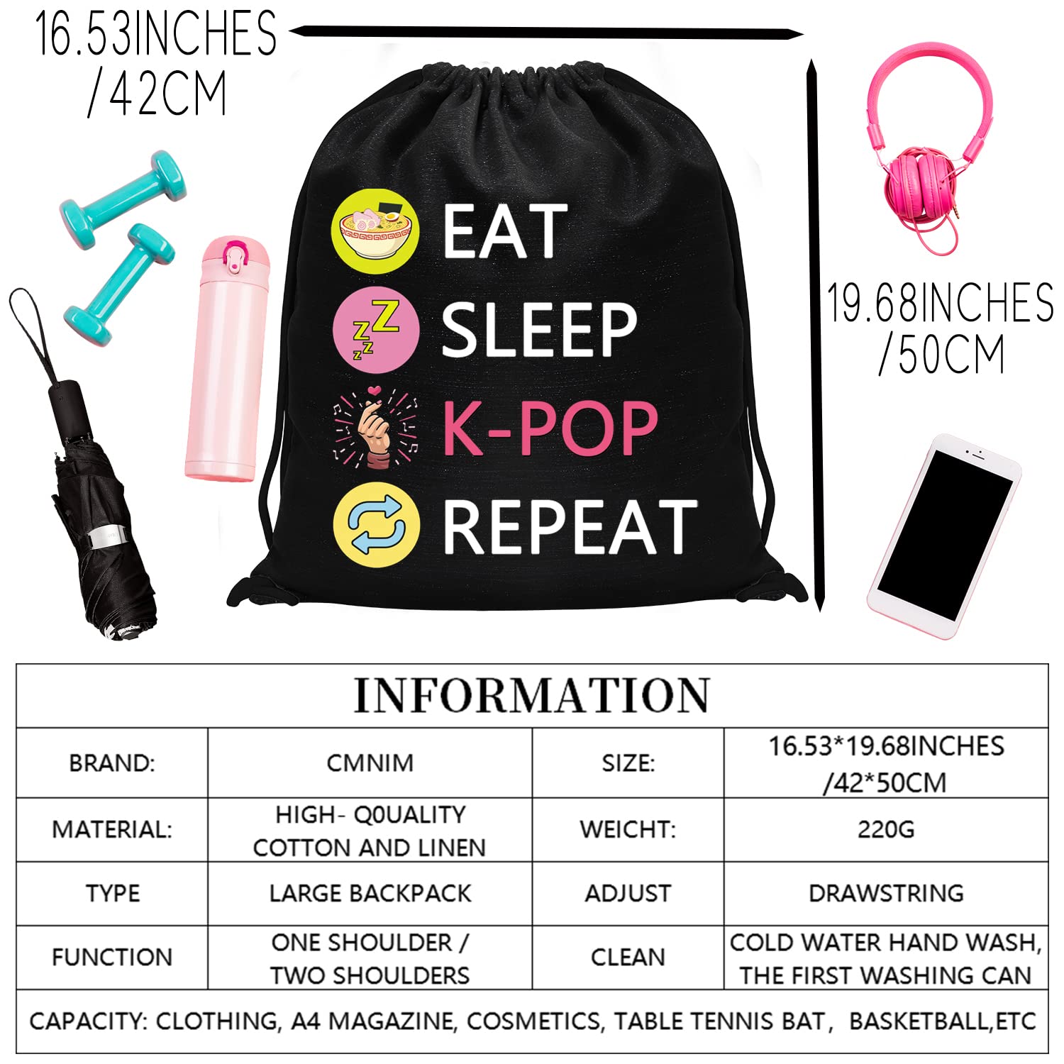 CMNIM K-POP Makeup Bag Eat Sleep Repeat Travel Pouch Merchandise Gift for Women Girl (Black DB)