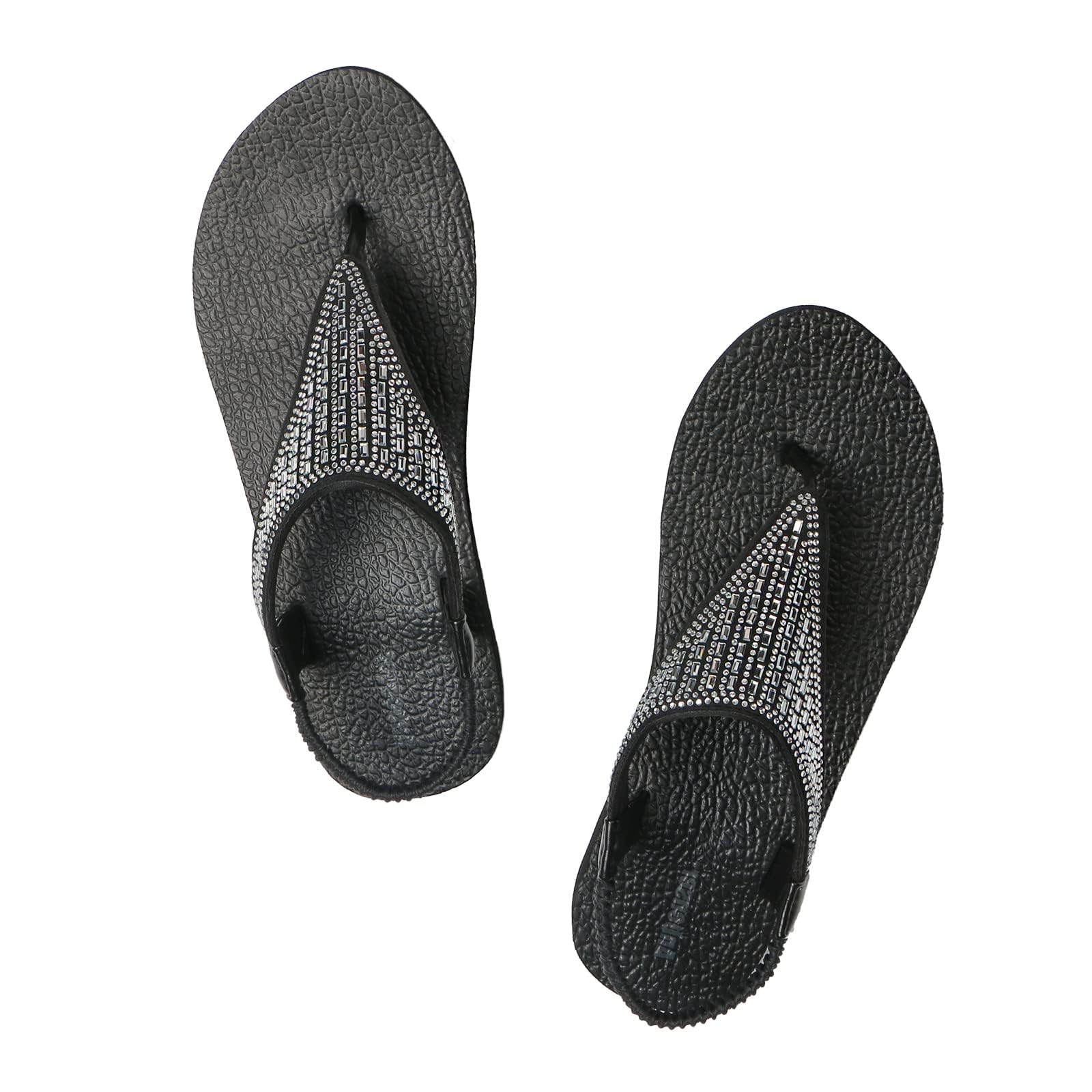 Teezerber Women's Yoga Mat Flat Sling Sandals Slingback Rhinestone Flip Flops Sandal Black White 9