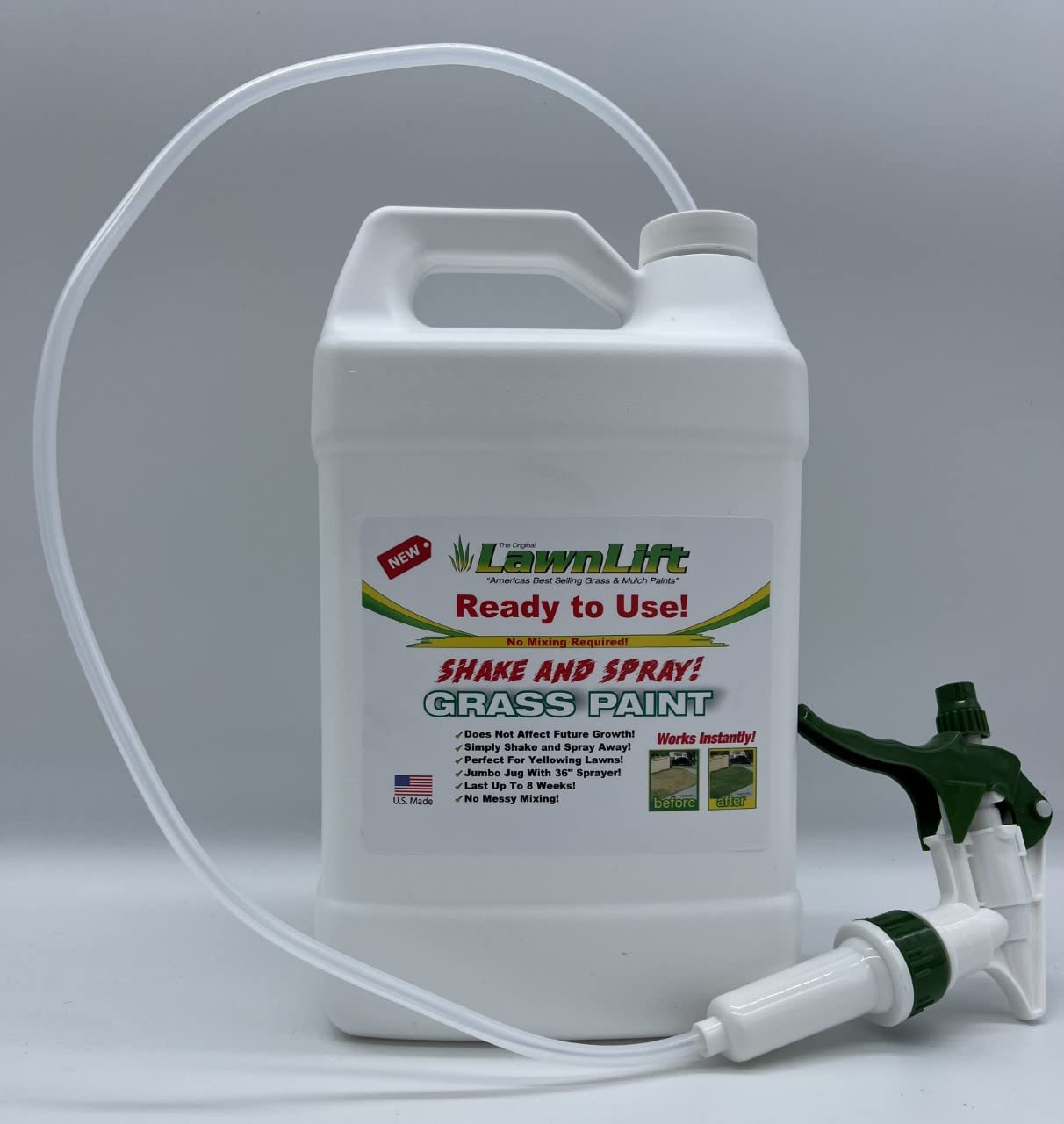 1 gallon pre-mixed, ready to use lawn paint. Includes trigger sprayer and 35" hose for easier application.