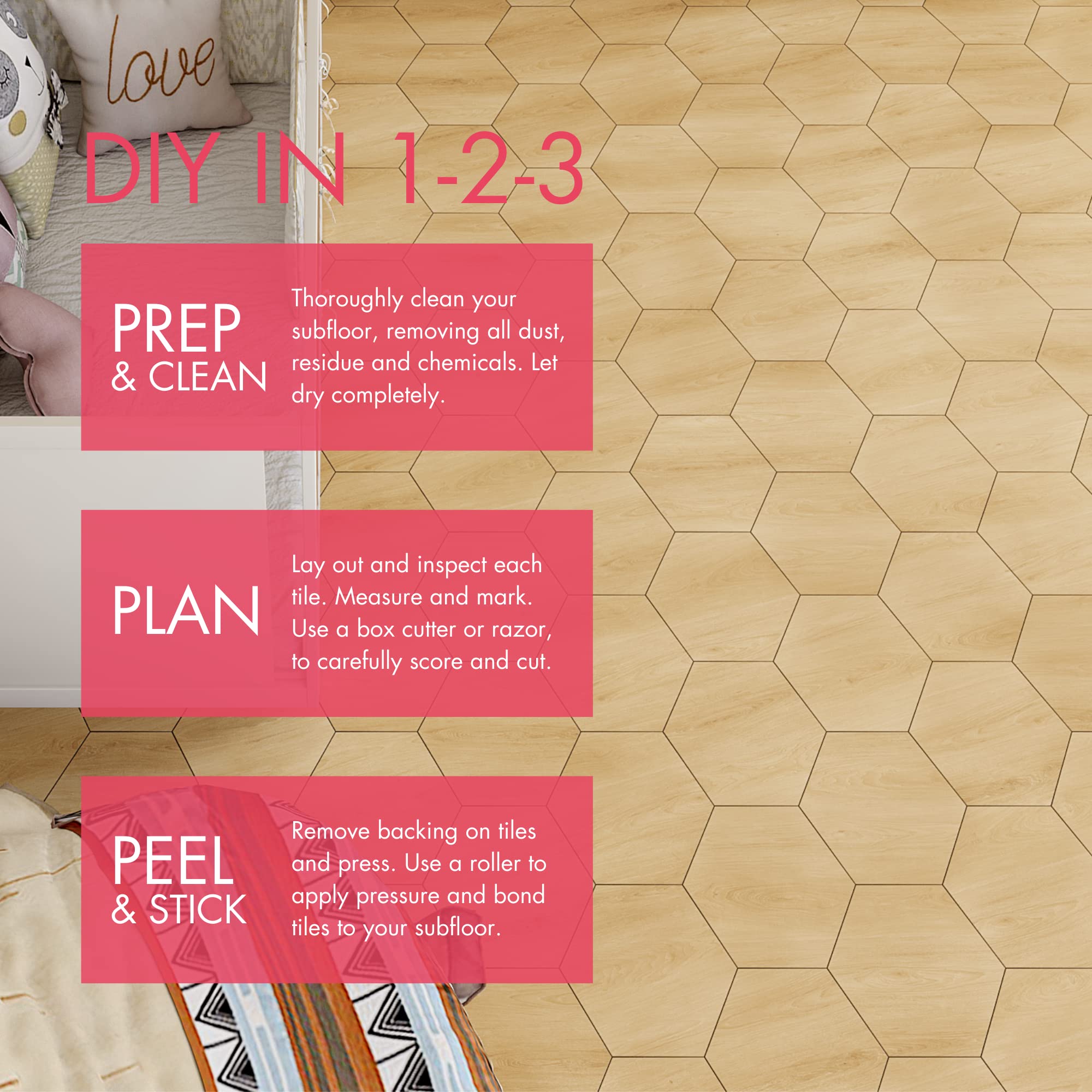 BaseCore HEX Hexagon Vinyl Flooring Pine 5.75" DIY Self Adhesive Textured Modern Floor Tile Peel & Stick Tile | Sample Tile