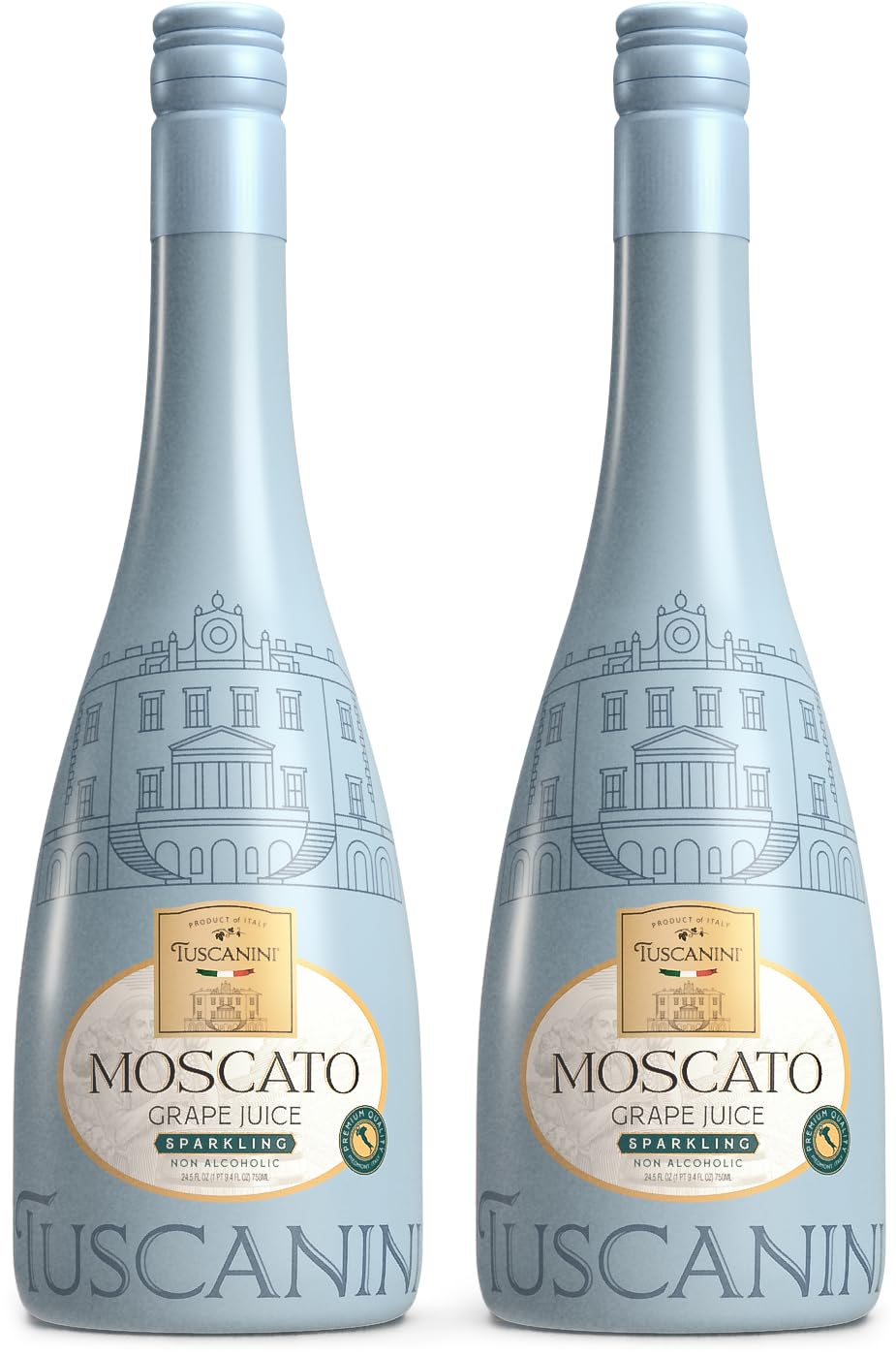 Tuscanini Sparkling Moscato Grape Juice, 25.3oz (2 Pack) | Non Alcoholic Italian Moscato | Elegant Champagne Bottle | Imported from Italy | Great for Cocktails | Kosher
