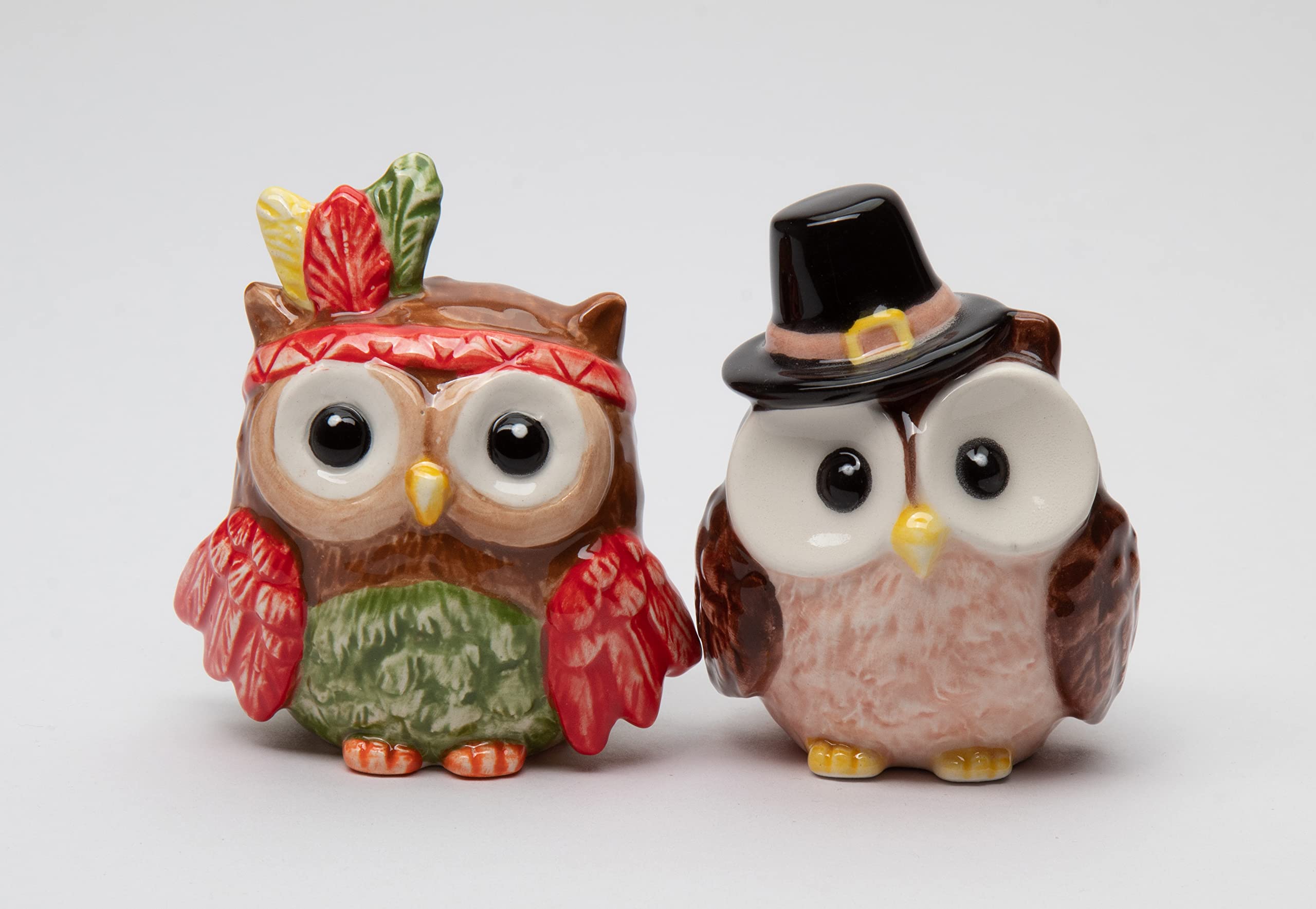 Fine Ceramic Thanksgiving Pilgrim & Native American Indian Owl Salt & Pepper Shakers Set, 2-7/8" H
