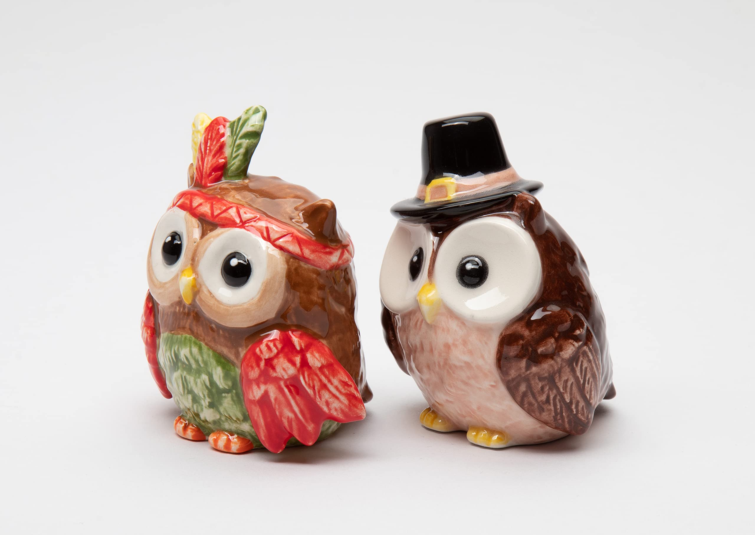Fine Ceramic Thanksgiving Pilgrim & Native American Indian Owl Salt & Pepper Shakers Set, 2-7/8" H