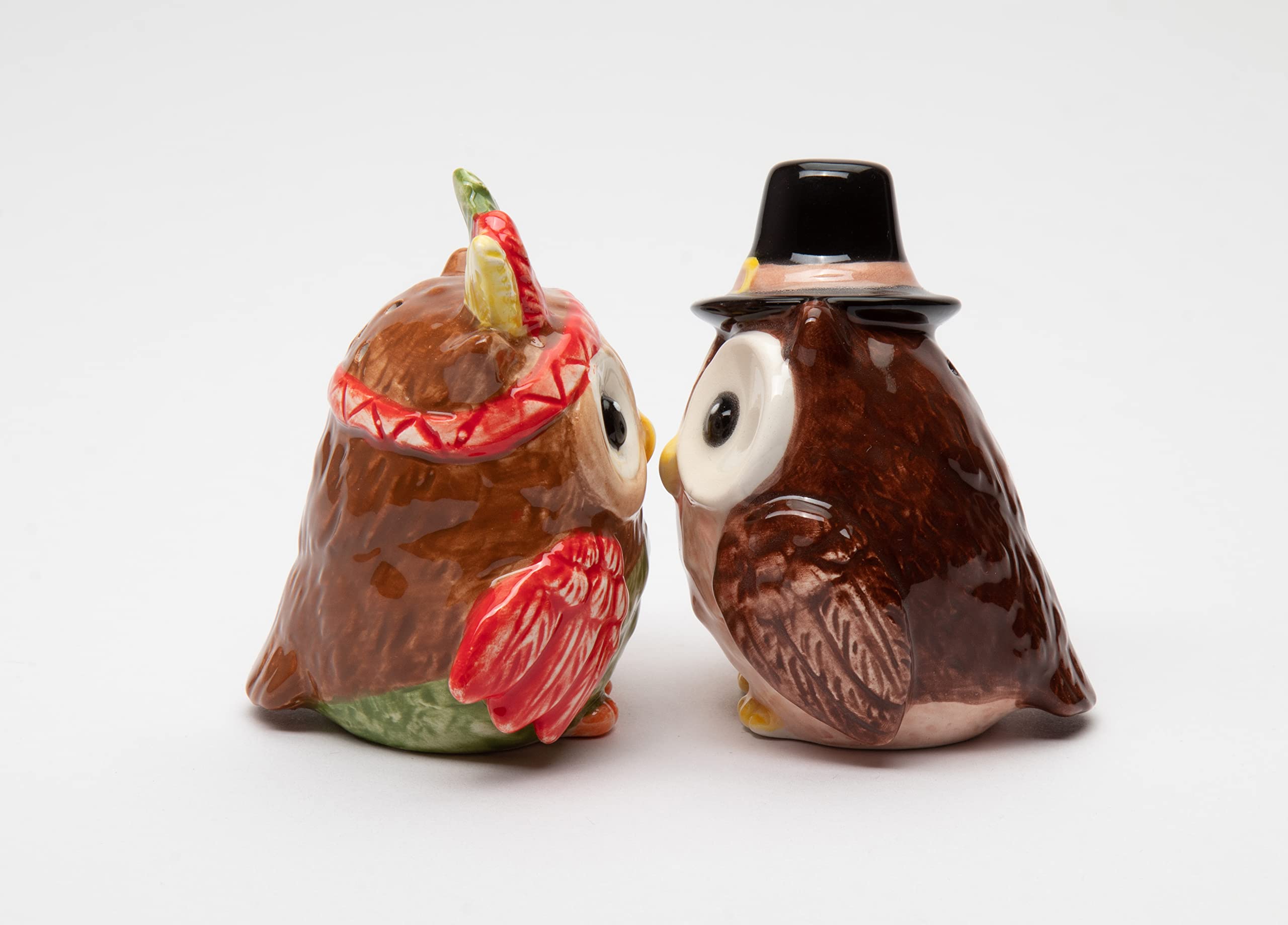 Fine Ceramic Thanksgiving Pilgrim & Native American Indian Owl Salt & Pepper Shakers Set, 2-7/8" H
