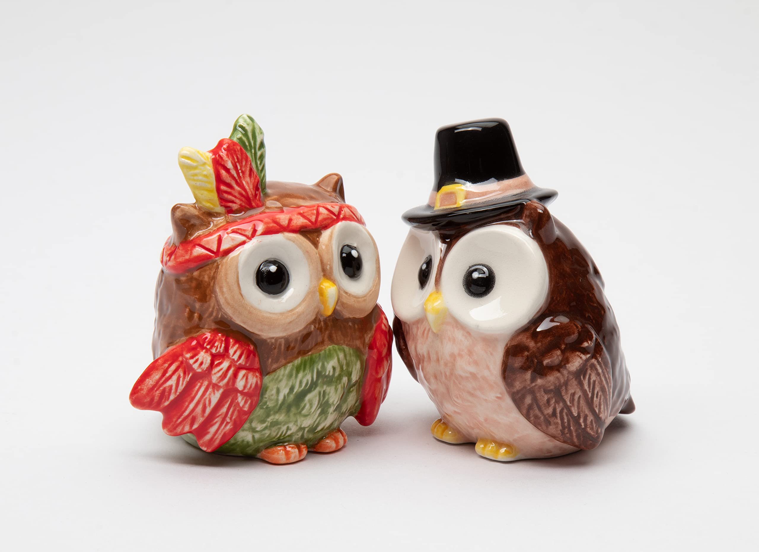 Fine Ceramic Thanksgiving Pilgrim & Native American Indian Owl Salt & Pepper Shakers Set, 2-7/8" H
