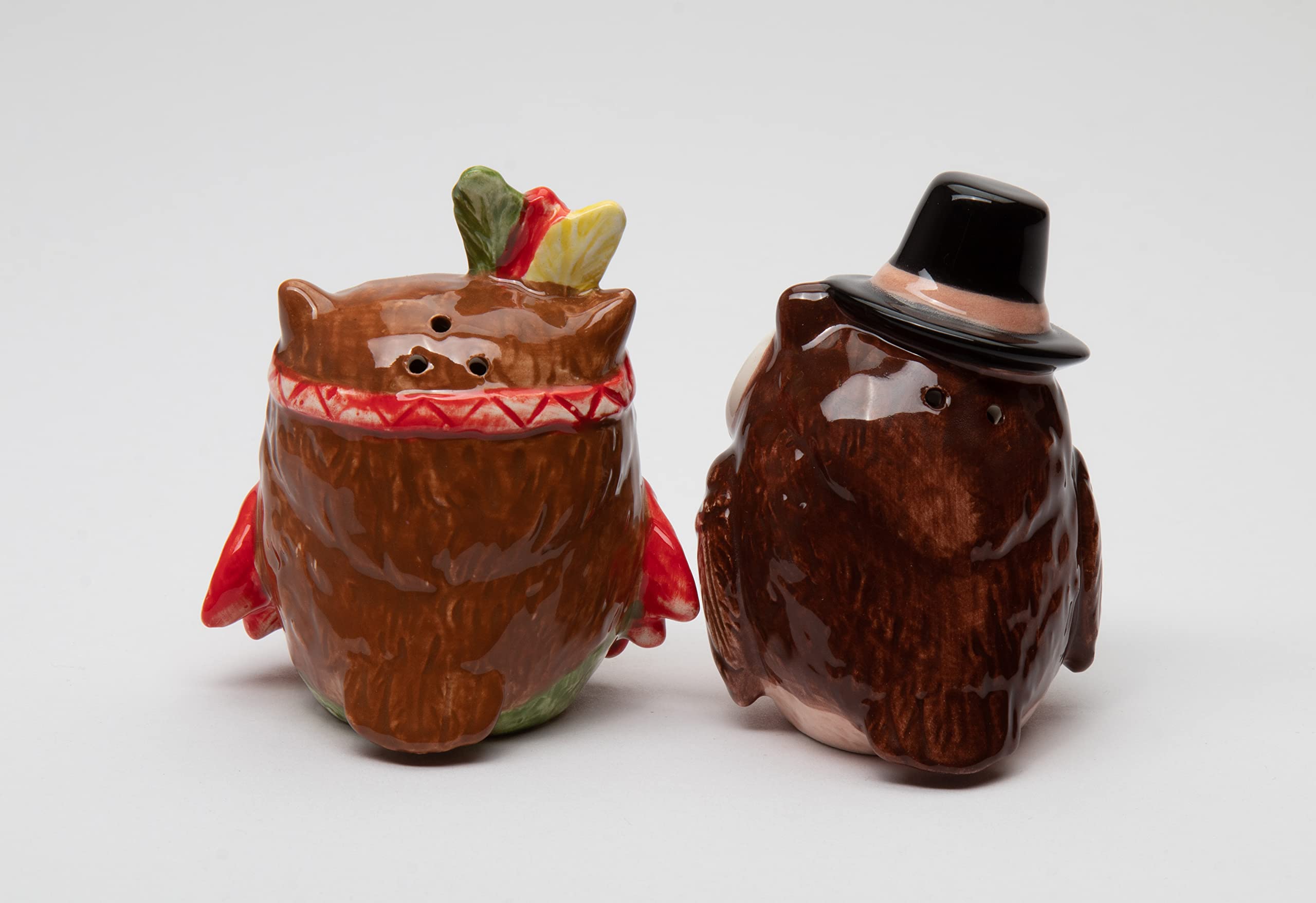 Fine Ceramic Thanksgiving Pilgrim & Native American Indian Owl Salt & Pepper Shakers Set, 2-7/8" H