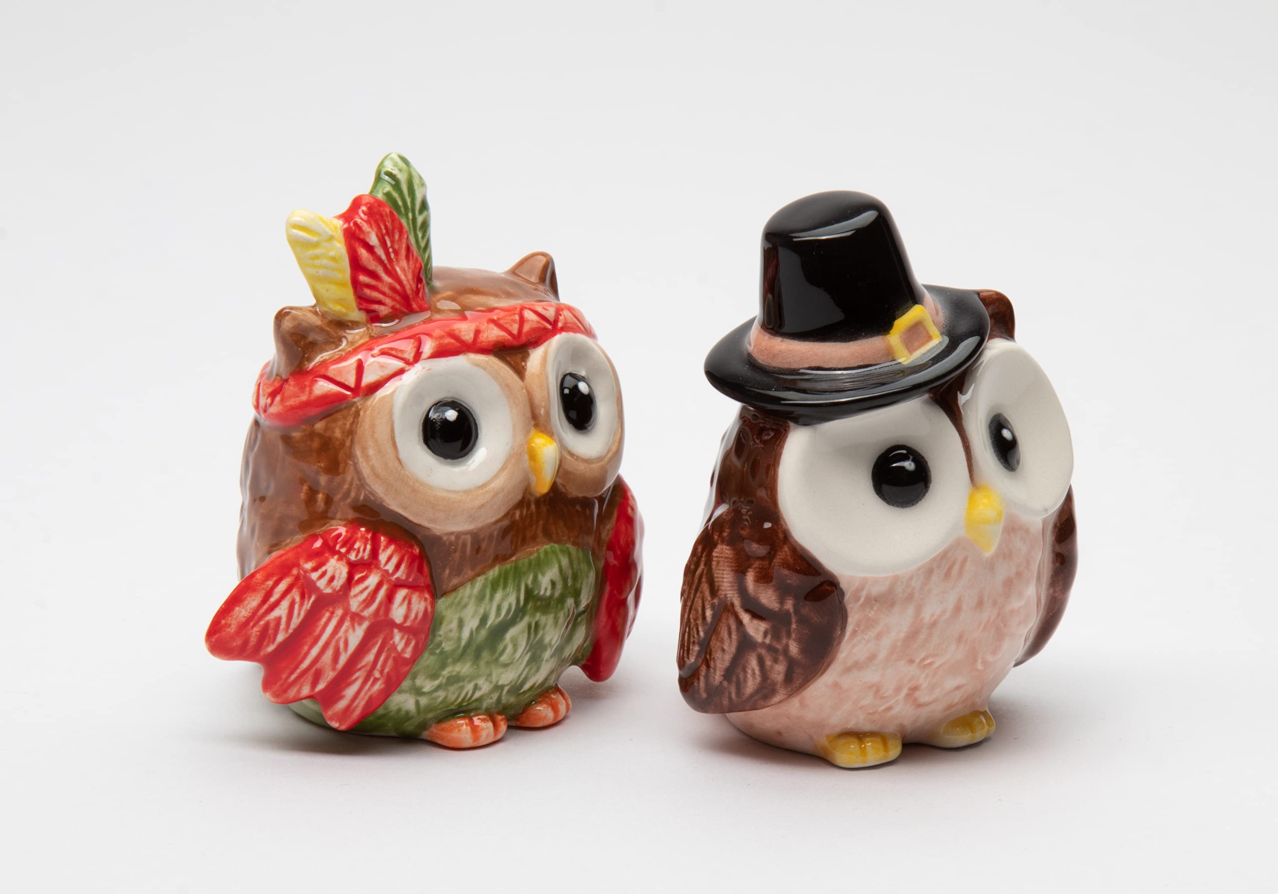 Fine Ceramic Thanksgiving Pilgrim & Native American Indian Owl Salt & Pepper Shakers Set, 2-7/8" H