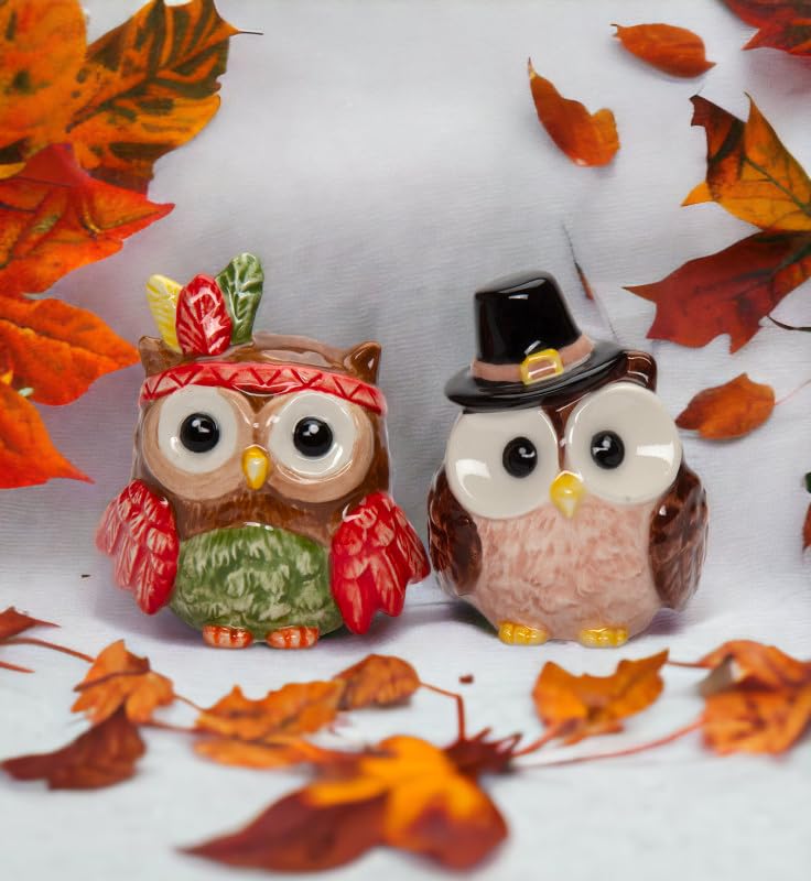 Fine Ceramic Thanksgiving Pilgrim & Native American Indian Owl Salt & Pepper Shakers Set, 2-7/8" H