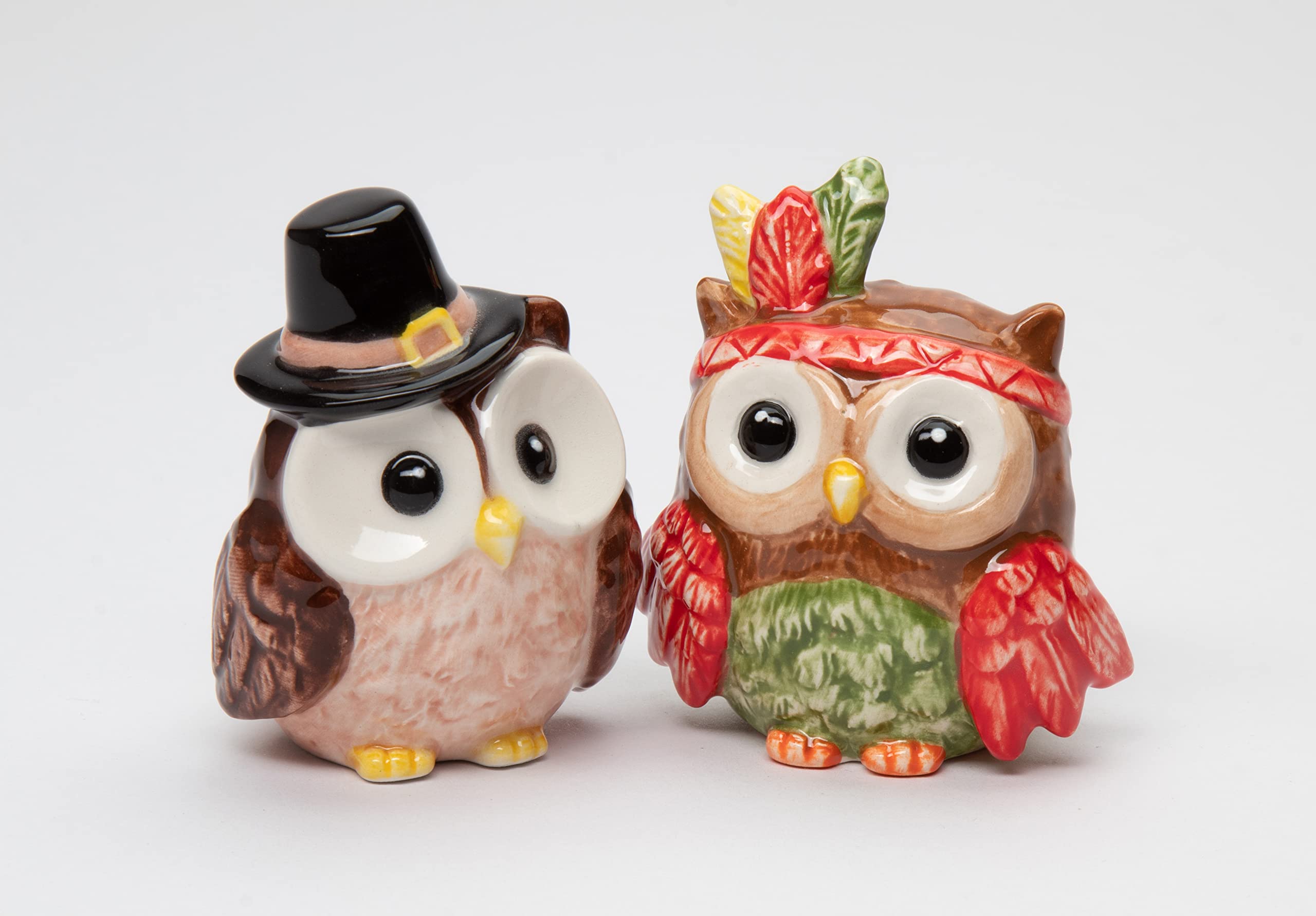 Fine Ceramic Thanksgiving Pilgrim & Native American Indian Owl Salt & Pepper Shakers Set, 2-7/8" H
