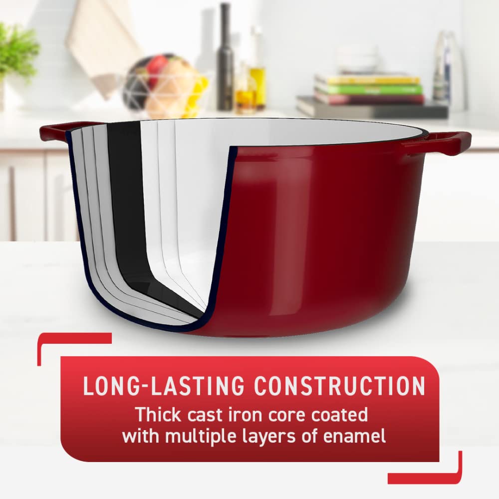 T-fal Cast Iron Enameled Dutch Oven 6 Quart Induction Oven Broiler Safe 500F Pots and Pans, Cookware Red