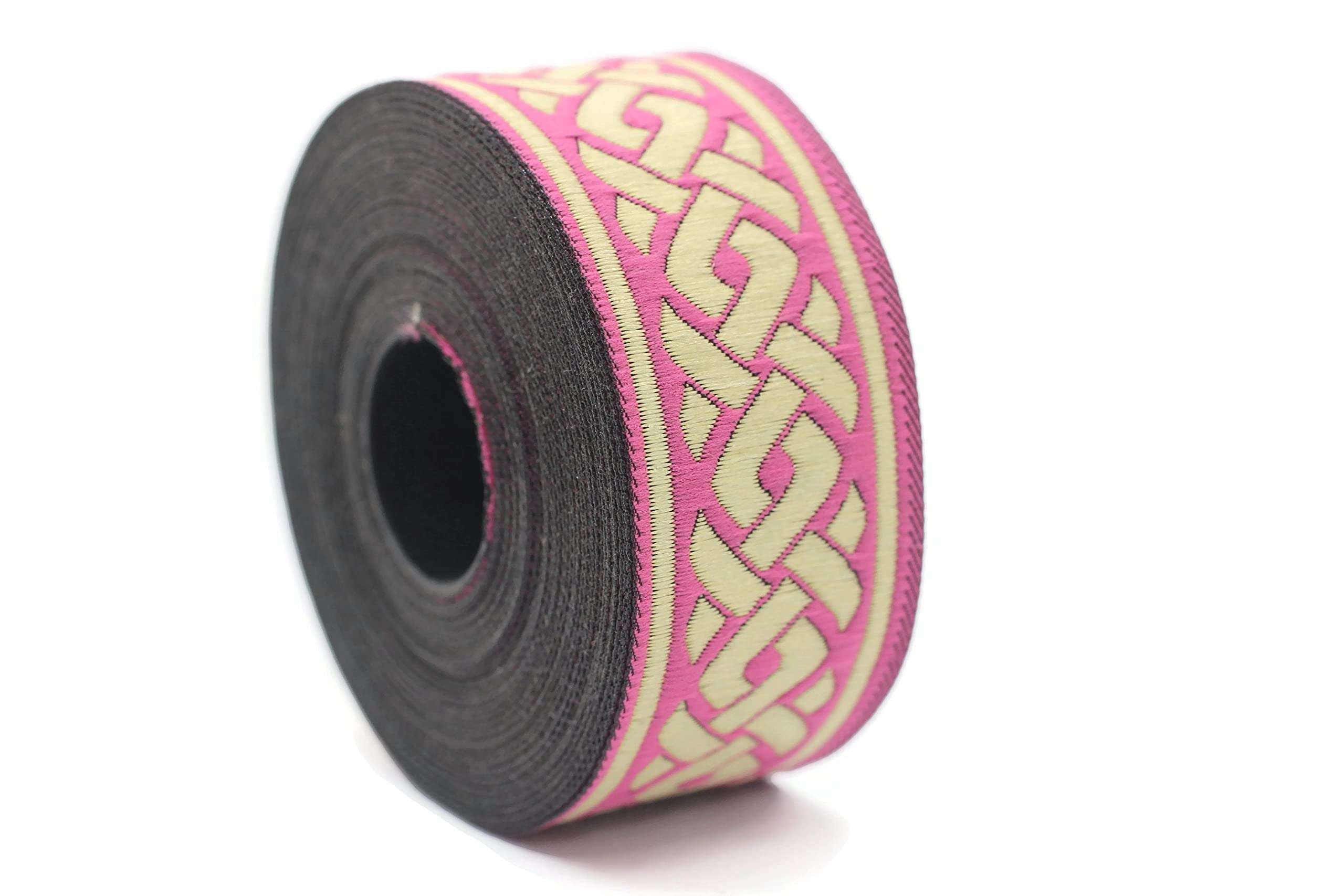 11 Yards Spool 1.37" Pink & Gold Celtic Knot Jacquard Ribbon Sewing Trim Upholstery Fabric Costume Embellishment Woven Trimming 35069