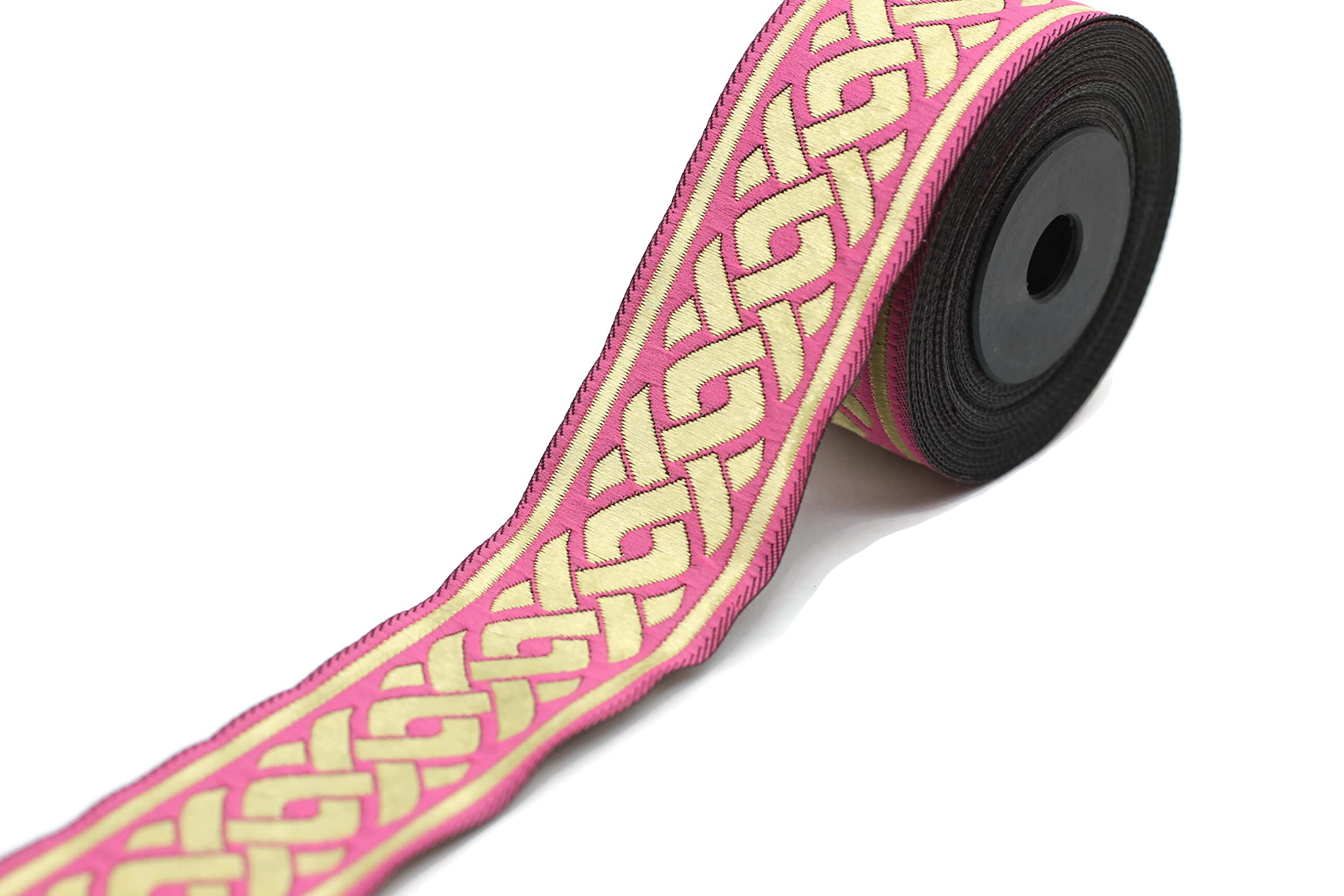 11 Yards Spool 1.37" Pink & Gold Celtic Knot Jacquard Ribbon Sewing Trim Upholstery Fabric Costume Embellishment Woven Trimming 35069