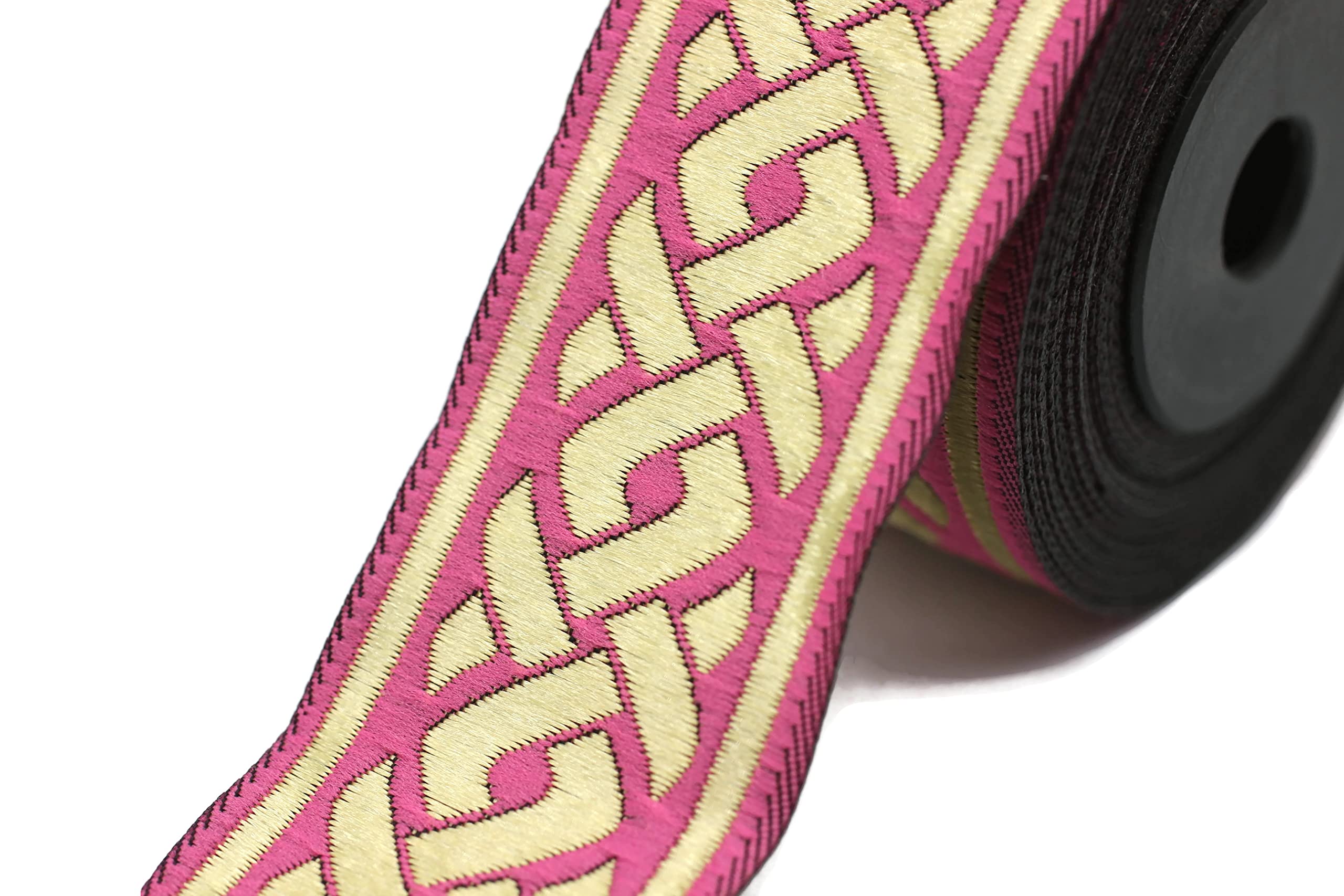 11 Yards Spool 1.37" Pink & Gold Celtic Knot Jacquard Ribbon Sewing Trim Upholstery Fabric Costume Embellishment Woven Trimming 35069