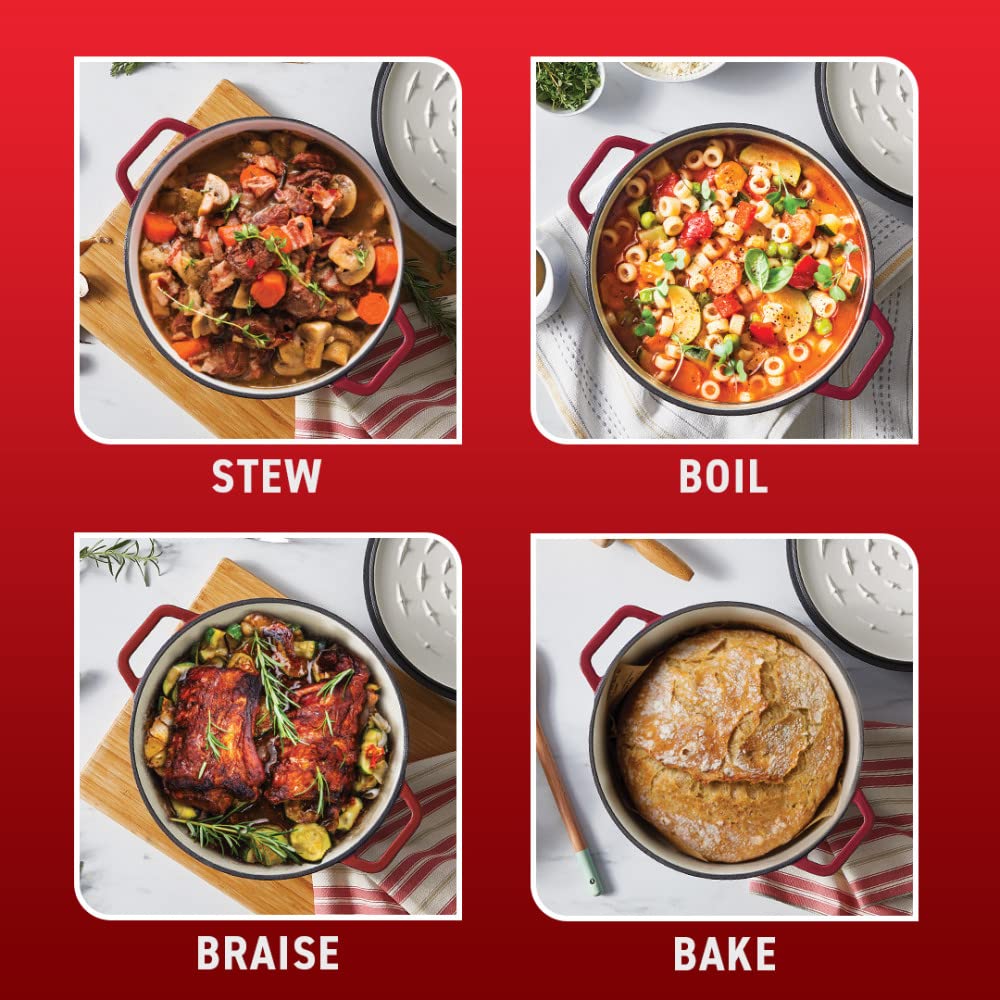 T-fal Cast Iron Enameled Dutch Oven 6 Quart Induction Oven Broiler Safe 500F Pots and Pans, Cookware Red