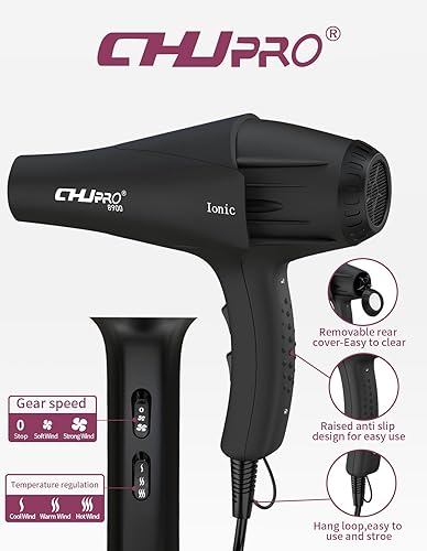 CHJPRO Professional Ionic Salon Hair Dryer, Professional 2100W Blow Dryer, Powerful Ceramic Tourmaline Quick Drying Lightweight Travel Hairdryers for Normal & Curly Hair, Includes 2 Concentrator