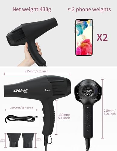 CHJPRO Professional Ionic Salon Hair Dryer, Professional 2100W Blow Dryer, Powerful Ceramic Tourmaline Quick Drying Lightweight Travel Hairdryers for Normal & Curly Hair, Includes 2 Concentrator