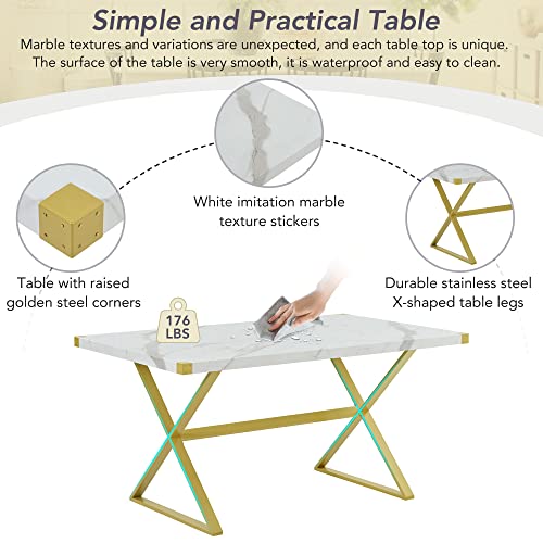 Merax 7-Piece Modern Furniture Set, Rectangular Marble Texture Kitchen Table, and 6 PU Leather Chairs with X-Shaped Gold Steel Pipe Legs for Dining Room, 7Pcs, White