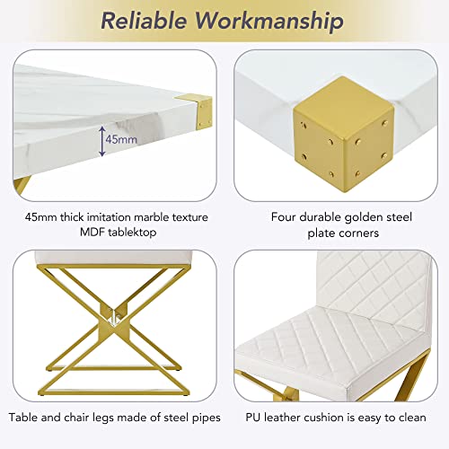 Merax 7-Piece Modern Furniture Set, Rectangular Marble Texture Kitchen Table, and 6 PU Leather Chairs with X-Shaped Gold Steel Pipe Legs for Dining Room, 7Pcs, White