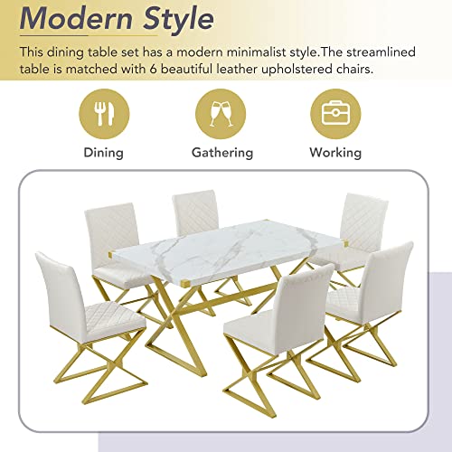 Merax 7-Piece Modern Furniture Set, Rectangular Marble Texture Kitchen Table, and 6 PU Leather Chairs with X-Shaped Gold Steel Pipe Legs for Dining Room, 7Pcs, White