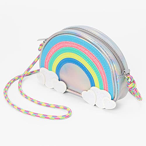 Claire's Club Silver Holographic Rainbow Crossbody Bag with Rainbow Shoulder Strap