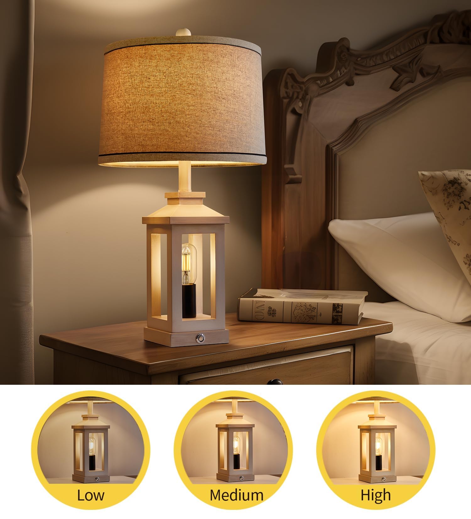 G-SAFAVA 23.75" Retro Farmhouse USB C+A Ports Table Lamp Set of 2 with 3 Way Dimmable Touch Control White Nightlight Vintage Modern Lamp for Living Room Bedroom with 2 Light Sources