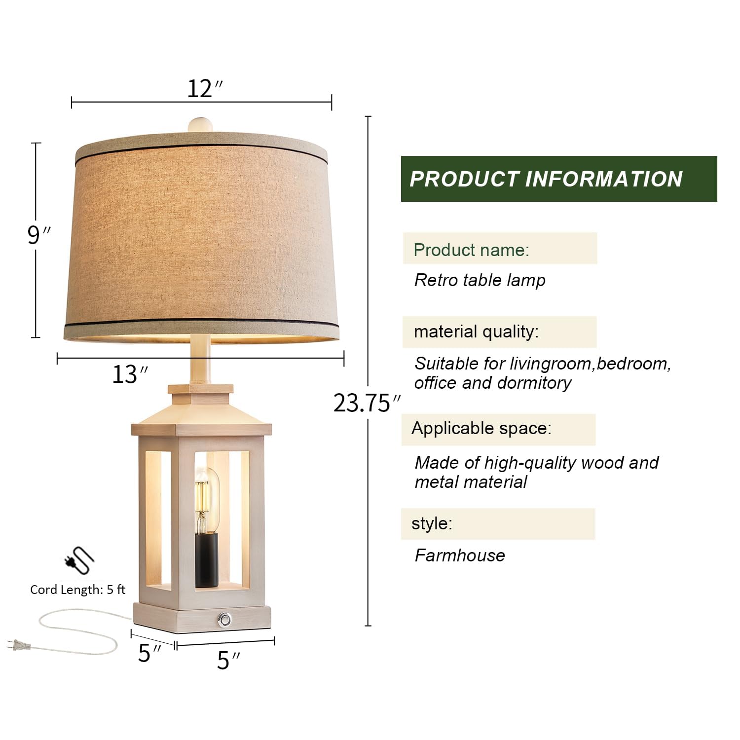 G-SAFAVA 23.75" Retro Farmhouse USB C+A Ports Table Lamp Set of 2 with 3 Way Dimmable Touch Control White Nightlight Vintage Modern Lamp for Living Room Bedroom with 2 Light Sources