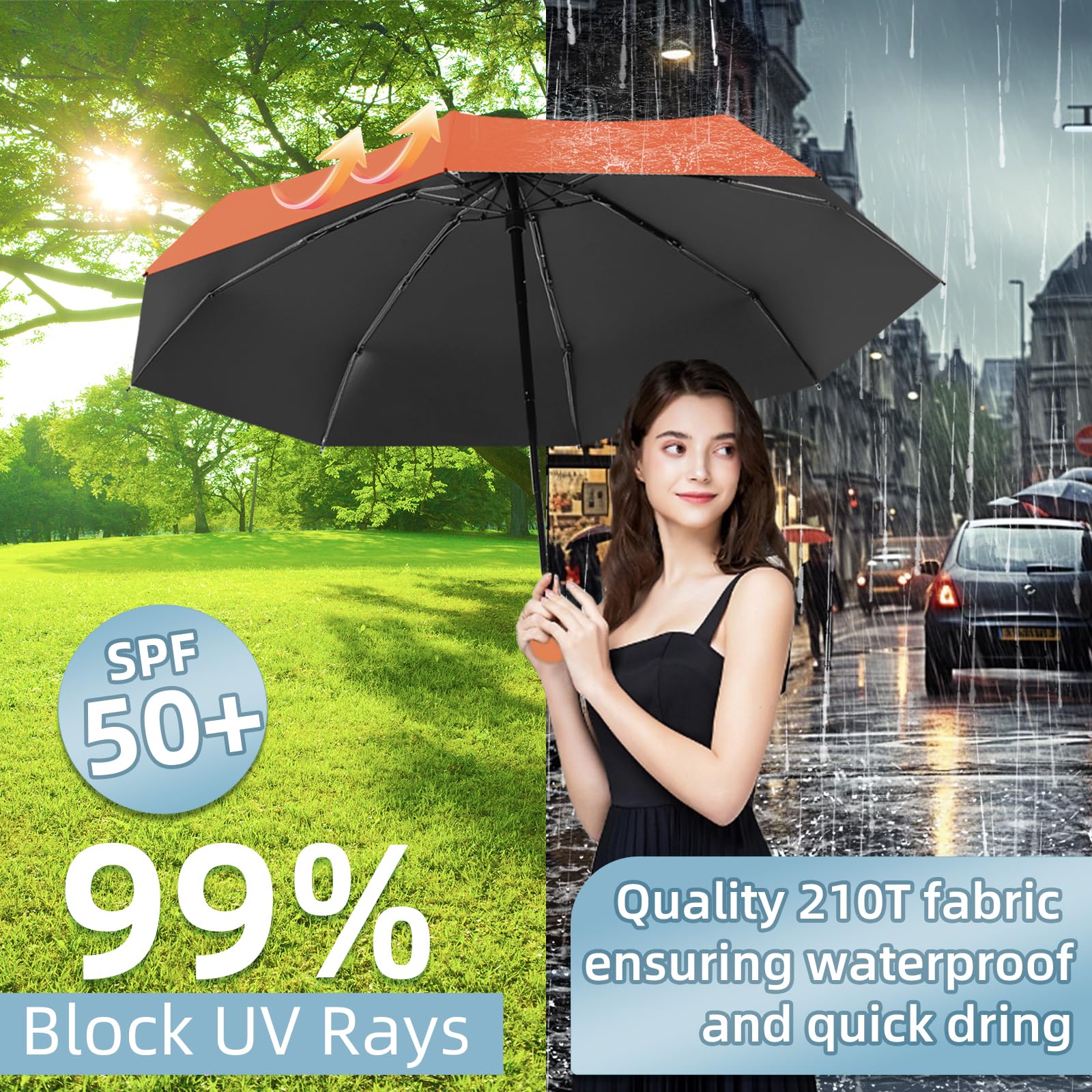 Trenovo Travel Mini Folding Compact Umbrella With Case - 8 Ribs Lightweight Portable for Sun & Rain, Small Pocket for Girls and Women - Orange