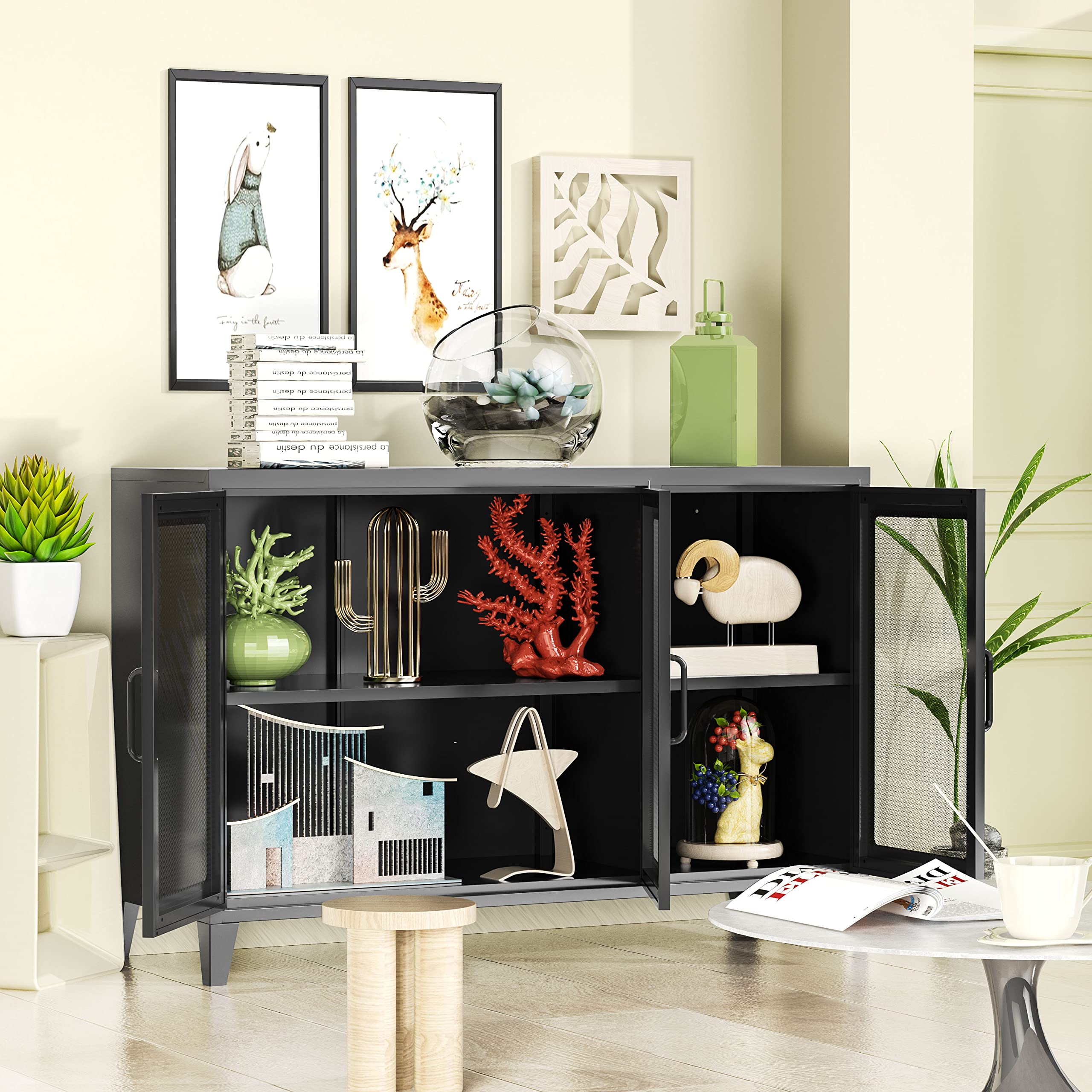 LISSIMO Wide Storage Cabinet with 3 Mesh Door,47" Wide Kitchen Storage Cabinet, Modern Sideboard Storage Organizer for Bedroom Bathroom Dining Living Room and Hallway