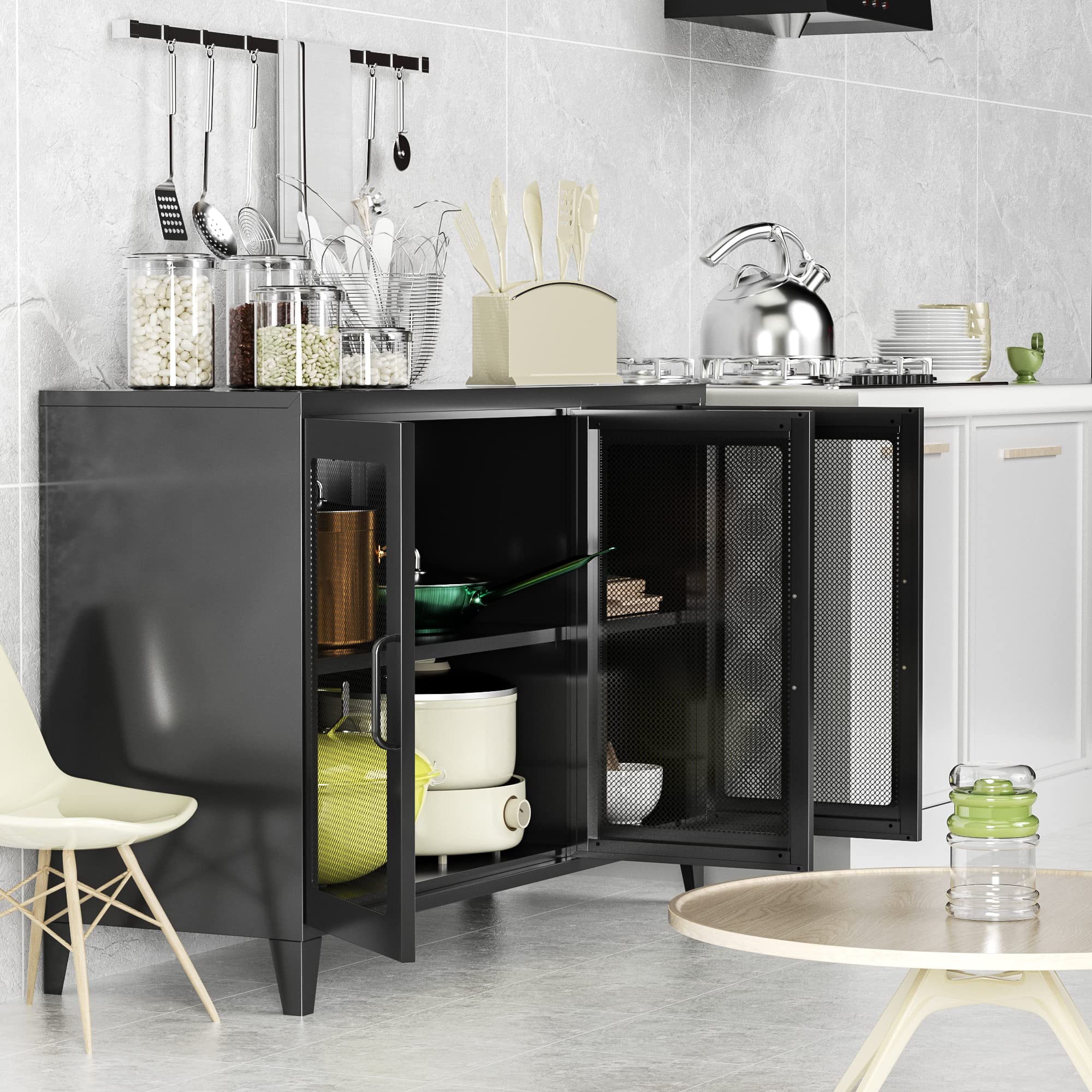 LISSIMO Wide Storage Cabinet with 3 Mesh Door,47" Wide Kitchen Storage Cabinet, Modern Sideboard Storage Organizer for Bedroom Bathroom Dining Living Room and Hallway