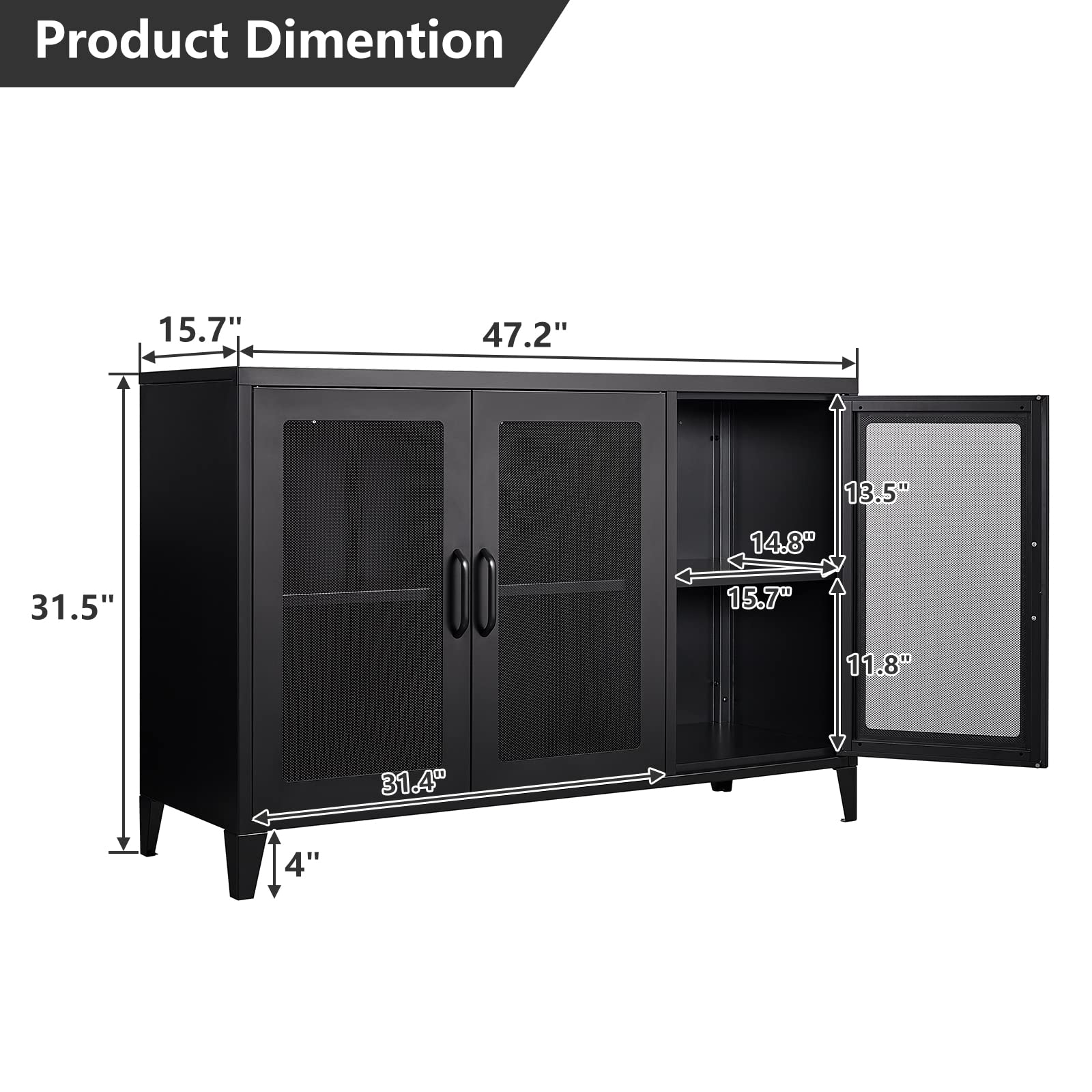 LISSIMO Wide Storage Cabinet with 3 Mesh Door,47" Wide Kitchen Storage Cabinet, Modern Sideboard Storage Organizer for Bedroom Bathroom Dining Living Room and Hallway