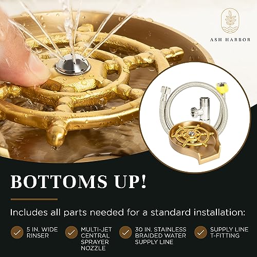 Solid Brass Glass Rinser for Kitchen Sink – Efficient, High-Pressure Cup Washer for Sink attachment – No Rust – 5 In. Wide Glass Cup Cleaner for Sink with all Glass Washer Install Parts by Ash Harbor