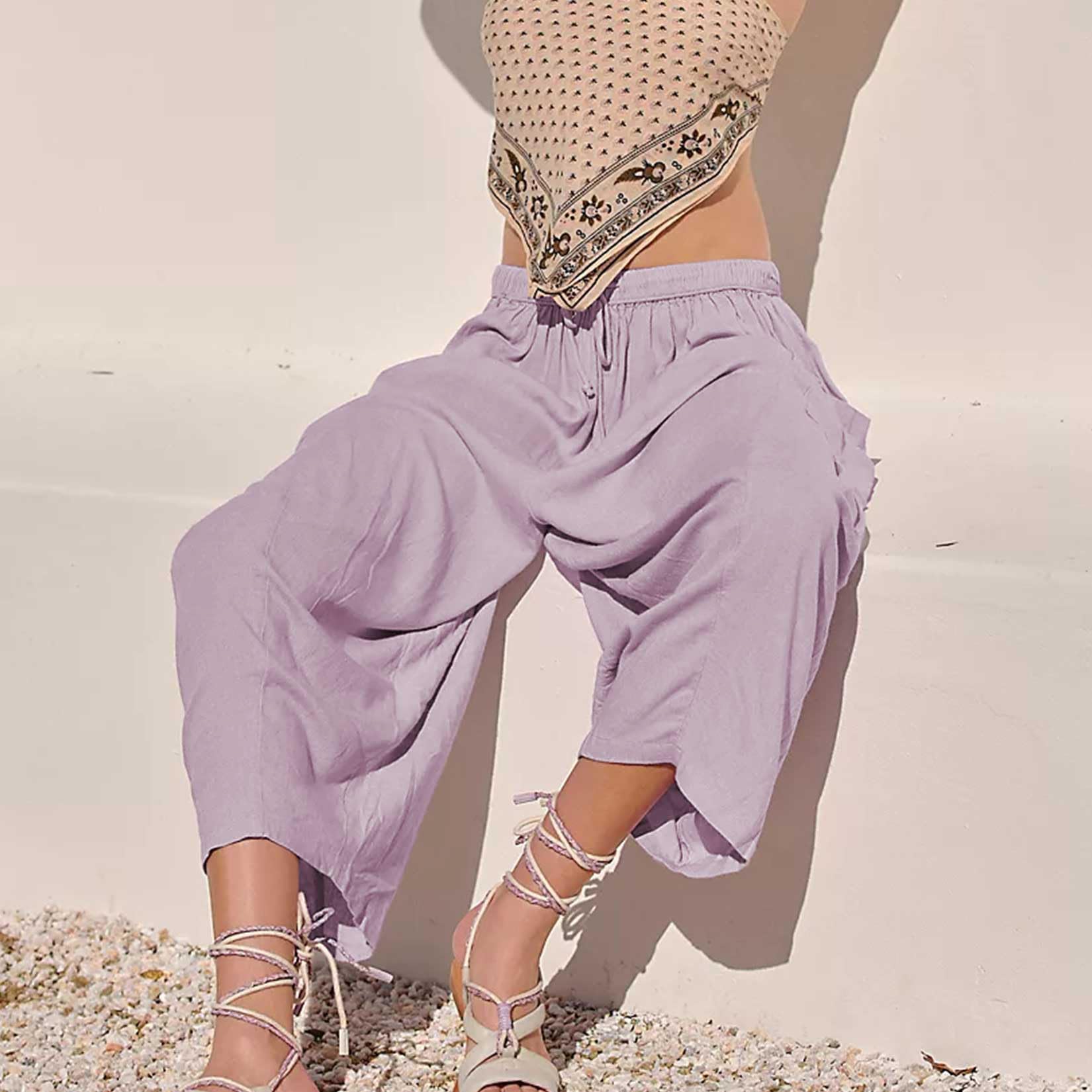 MaLinfandor Women's Oversized Loose Pants Cotton Linen Wide Leg Elastic Waist Relax Fit Bloomers Trousers with Pockets(Light Purple,XL)