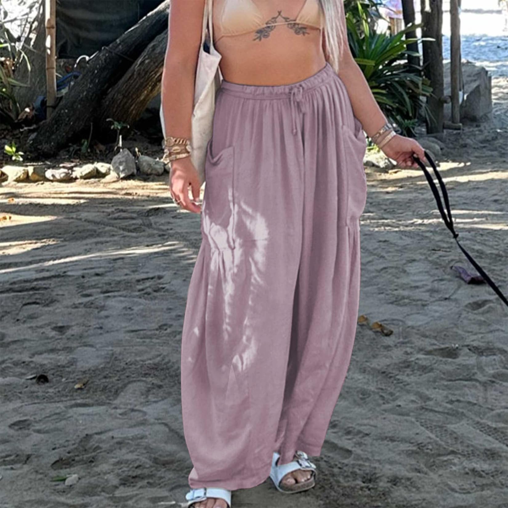MaLinfandor Women's Oversized Loose Pants Cotton Linen Wide Leg Elastic Waist Relax Fit Bloomers Trousers with Pockets(Light Purple,XL)