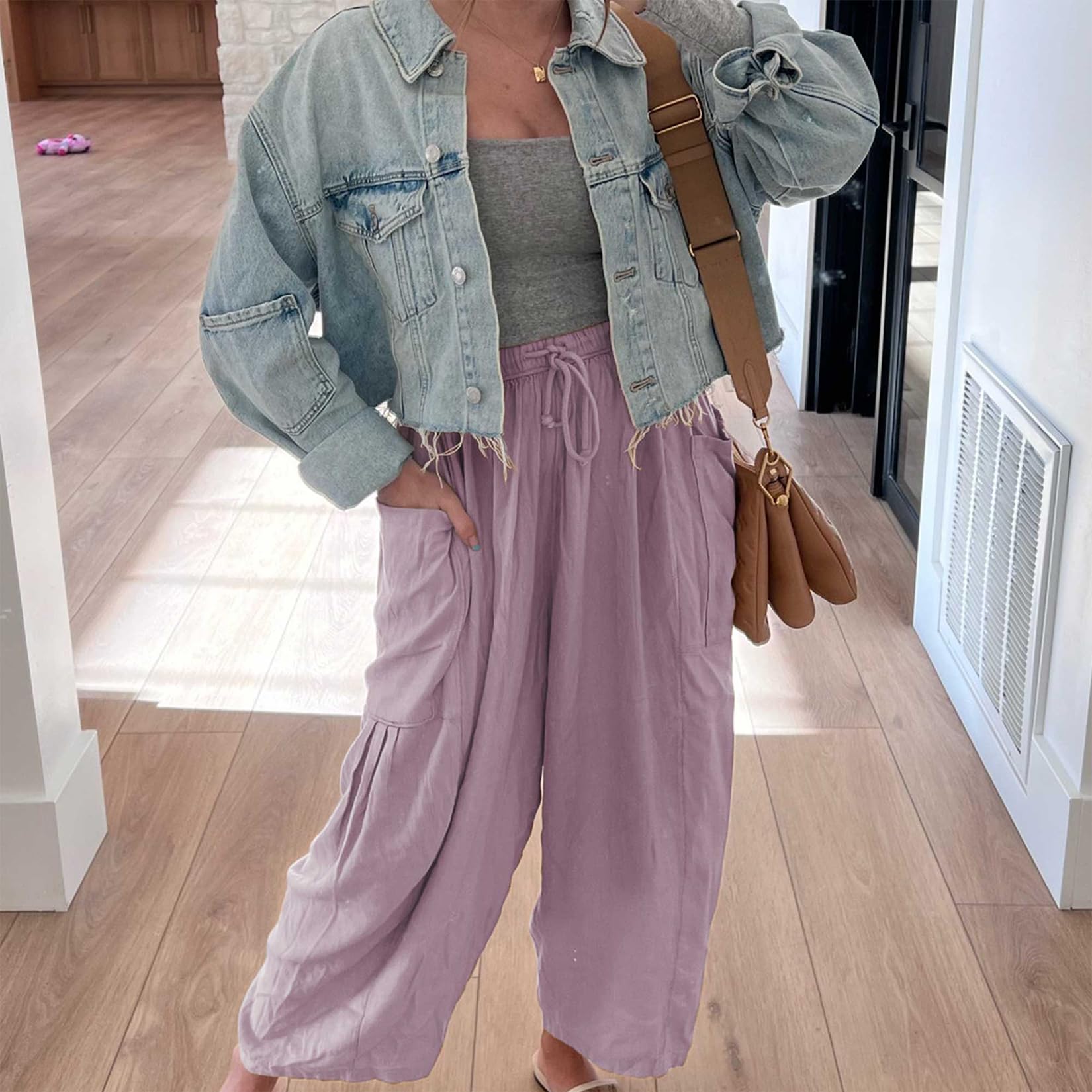 MaLinfandor Women's Oversized Loose Pants Cotton Linen Wide Leg Elastic Waist Relax Fit Bloomers Trousers with Pockets(Light Purple,XL)