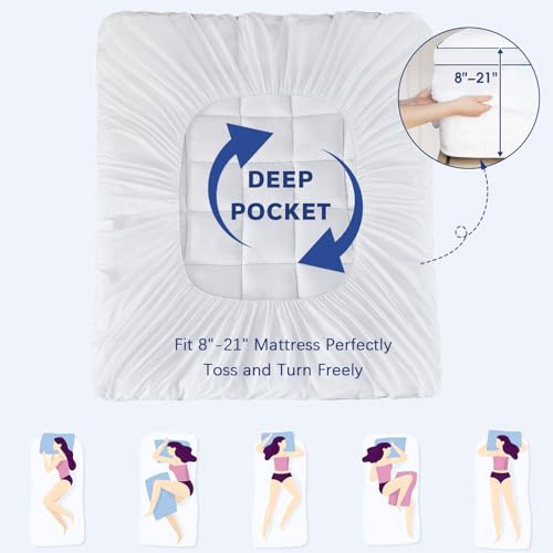 CYMULA Super Queen Cooling Mattress Topper, Extra Thick 8-21 Inch Elasticated Deep Pocket, Plush Down Alternative Fill, White