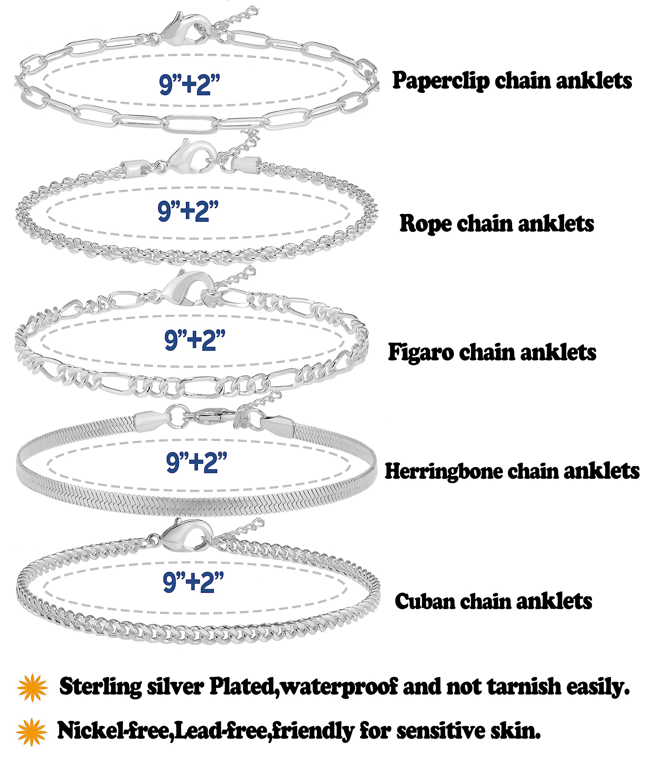 AOZEL Ankle Bracelets for Women, 925 Sterling Silver Plated Anklets Bracelet for Women Waterproof Cuban Link Chain Anklet Non Tarnish