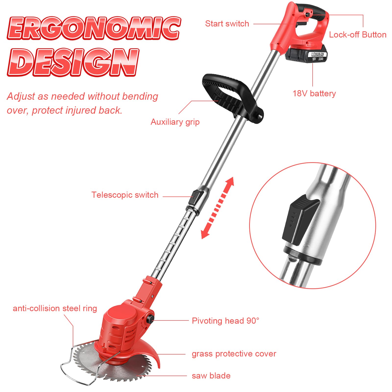 Tree.Nb Weed Trimmer with Battery Powered,3 in 1 Cordless Mower, 2 X 2.0ah Battery Operated Wheel, Mower Suitable for Garden and Yard