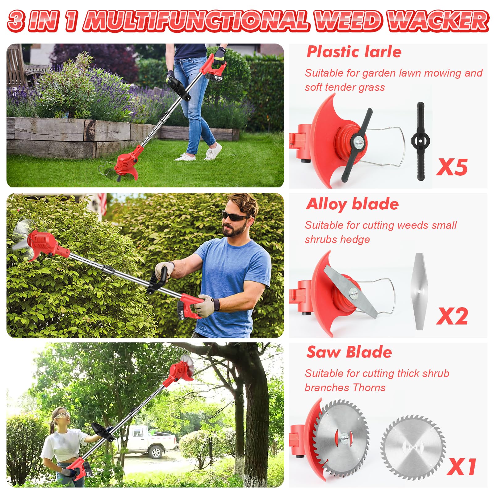 Tree.Nb Weed Trimmer with Battery Powered,3 in 1 Cordless Mower, 2 X 2.0ah Battery Operated Wheel, Mower Suitable for Garden and Yard