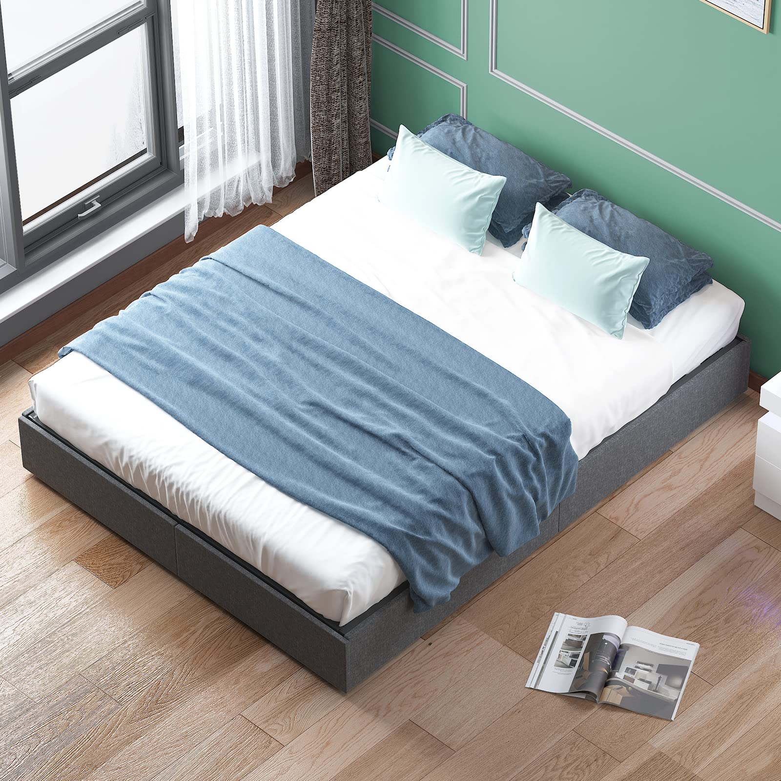 CECER California King Size Bed Frame with 2 Storage Drawers, Linen Platform Bed Frame with Wood Slat Support, No Box Spring Needed, Easy Assembly, Dark Grey