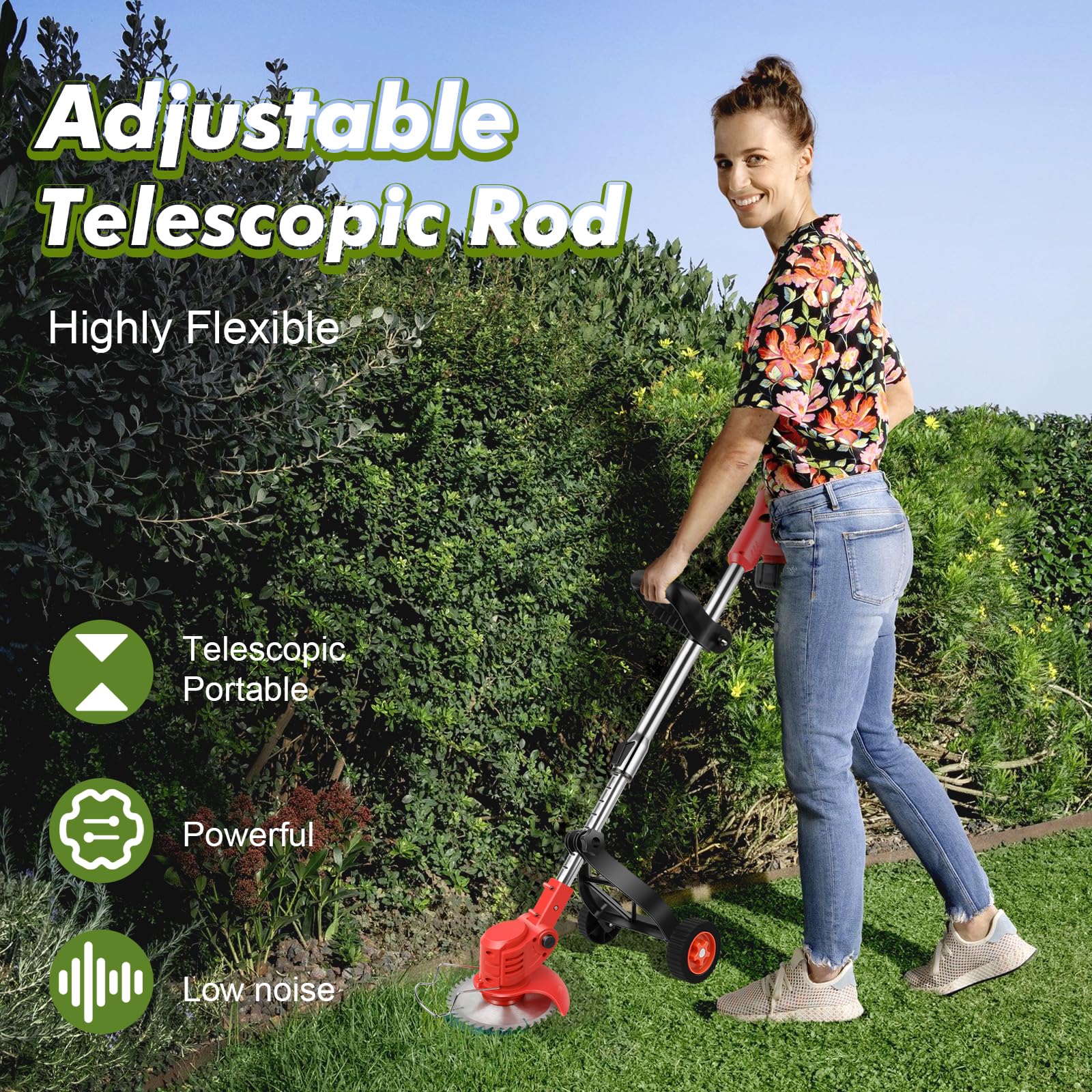 Tree.Nb Weed Trimmer with Battery Powered,3 in 1 Cordless Mower, 2 X 2.0ah Battery Operated Wheel, Mower Suitable for Garden and Yard