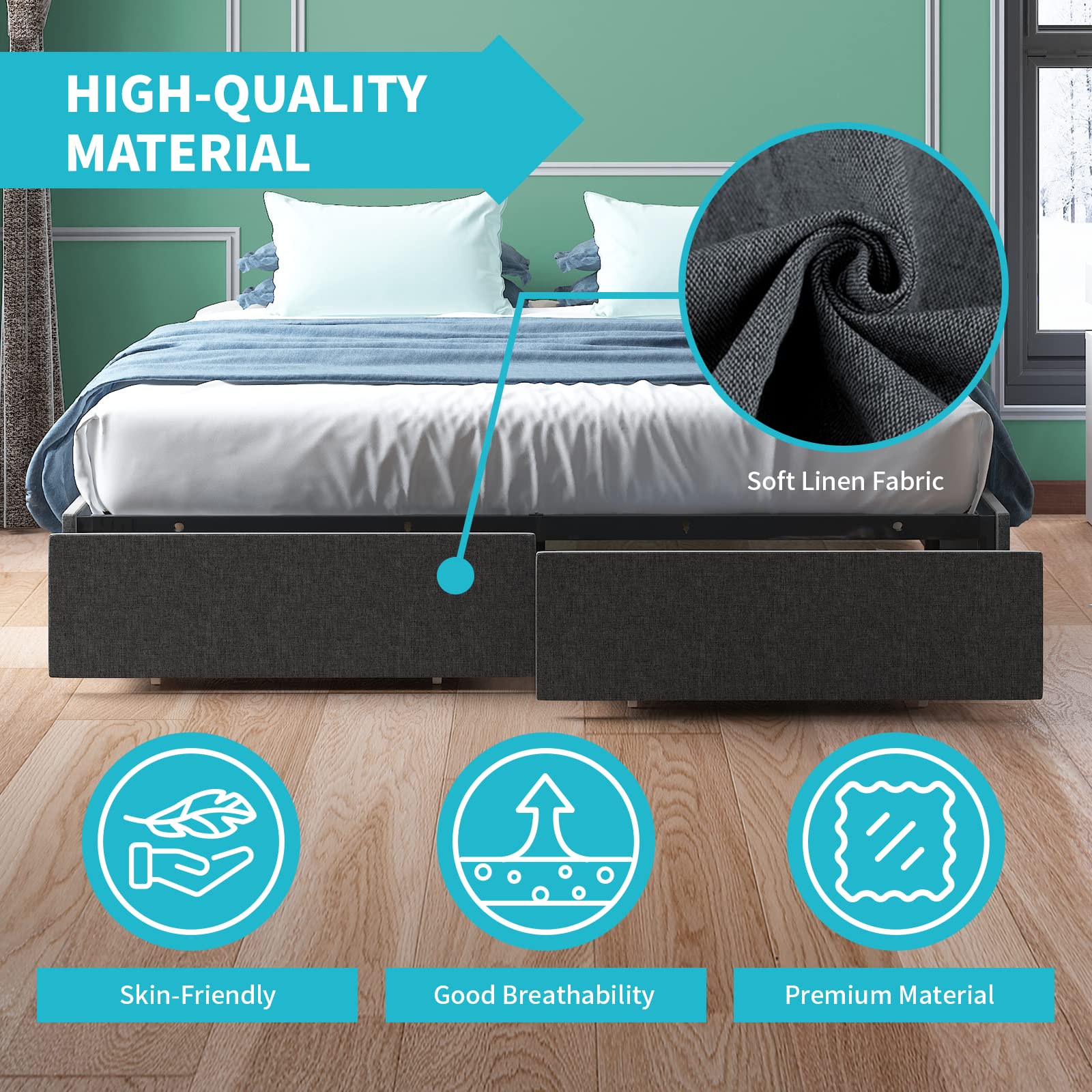 CECER California King Size Bed Frame with 2 Storage Drawers, Linen Platform Bed Frame with Wood Slat Support, No Box Spring Needed, Easy Assembly, Dark Grey