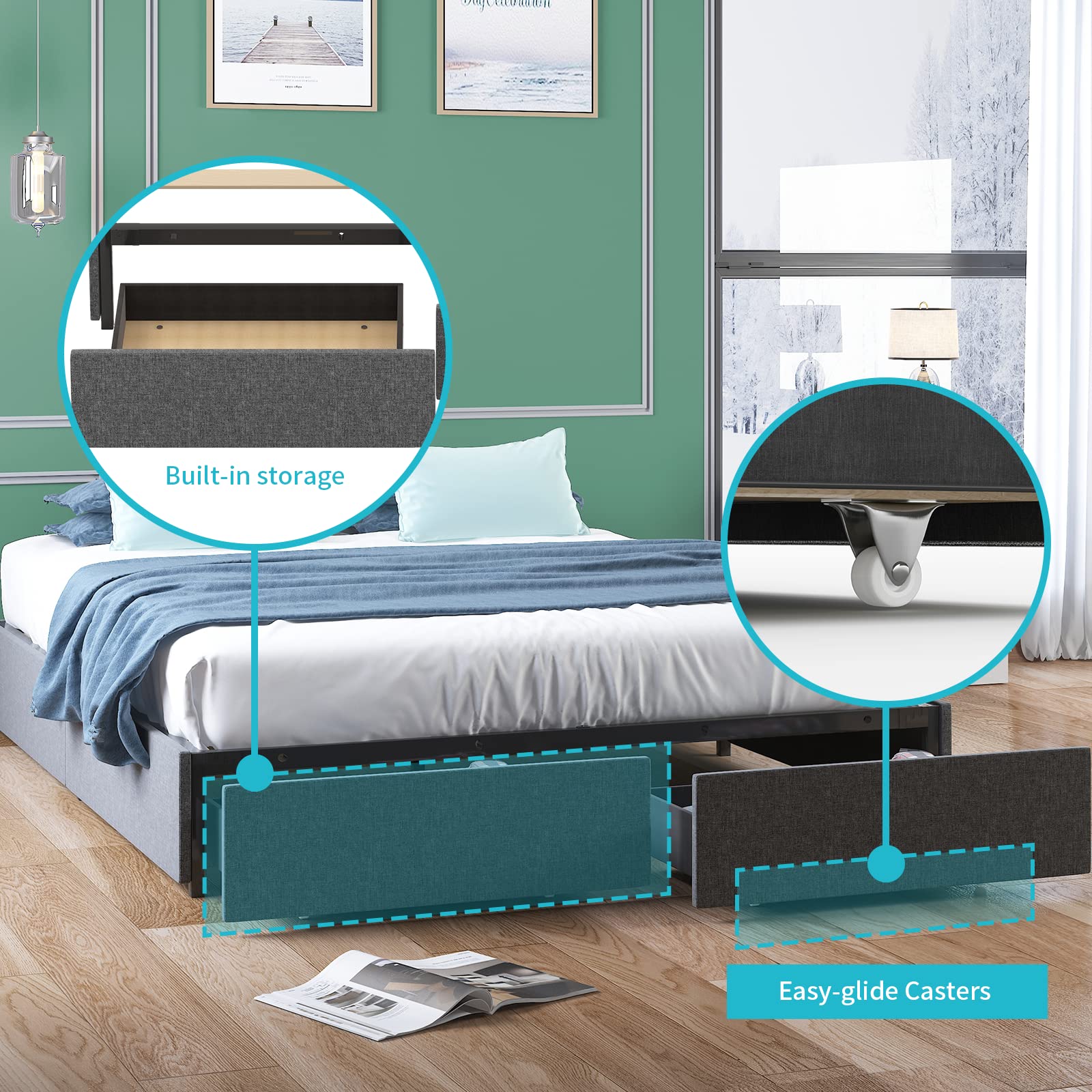 CECER California King Size Bed Frame with 2 Storage Drawers, Linen Platform Bed Frame with Wood Slat Support, No Box Spring Needed, Easy Assembly, Dark Grey