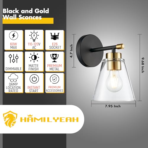 Hamilyeah Black and Gold Wall Sconces Set of 2, Bathroom Sconces Wall Lighting Fixture Indoor with Glass Shade, Mordern Black Wall Sconce Lighting for Kitchen, Hallway, Living Room