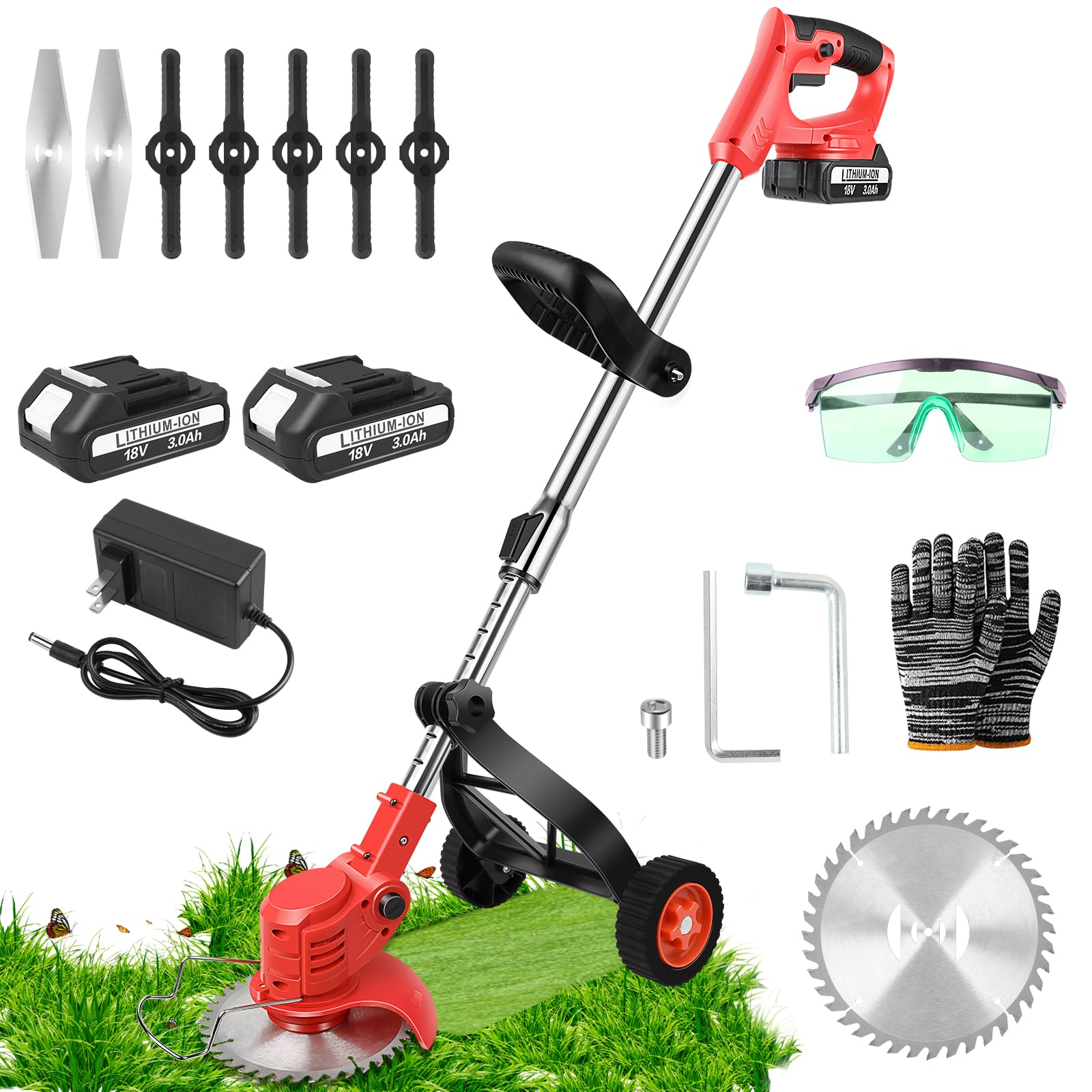 Tree.Nb Weed Trimmer with Battery Powered,3 in 1 Cordless Mower, 2 X 2.0ah Battery Operated Wheel, Mower Suitable for Garden and Yard