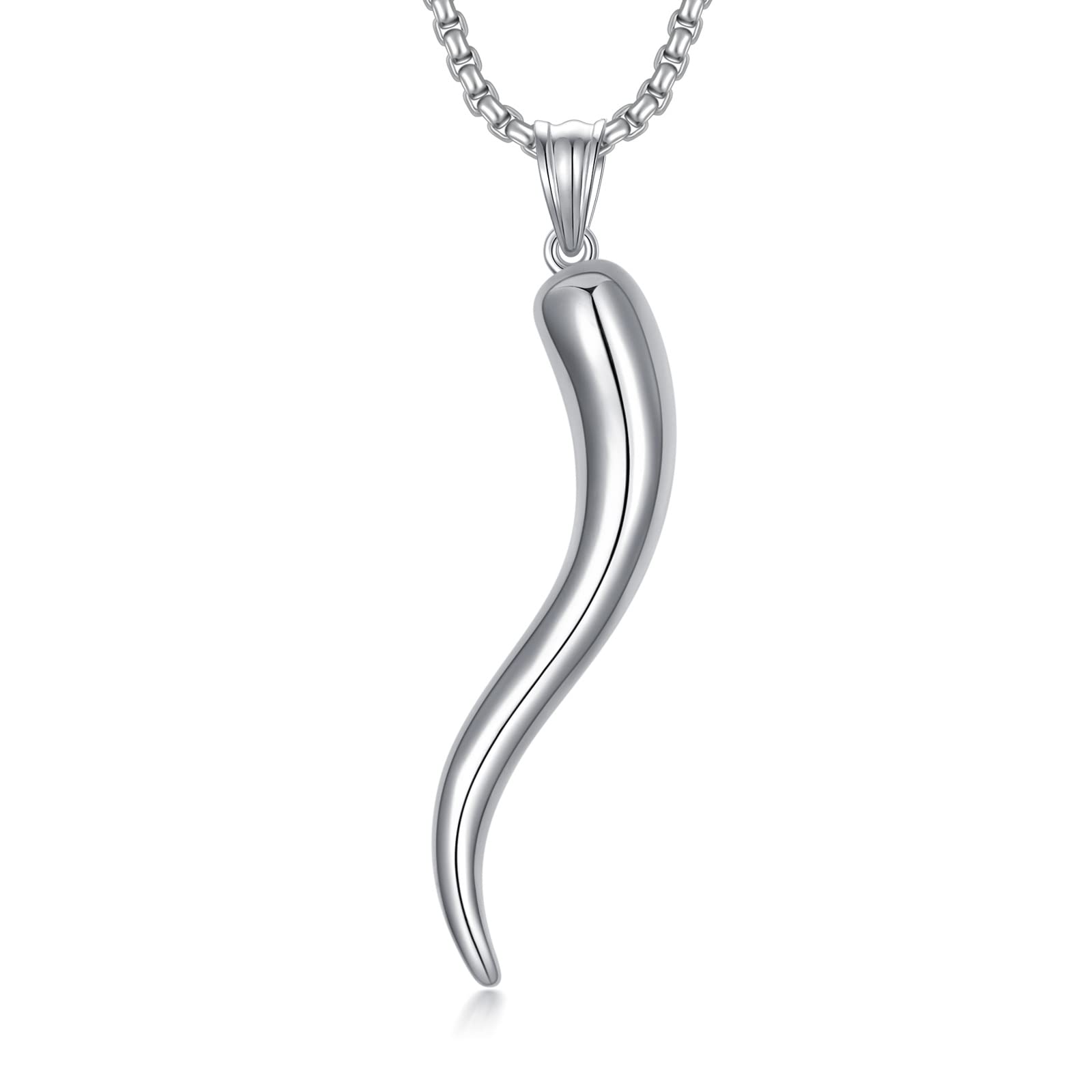 Italian Horn Necklace 925 Sterling Silver Lucky Chili Pendant Italian Amulet Jewelry Silver Italian Horn Charm Protection Cornicello Gift for Men Women Father’s Day